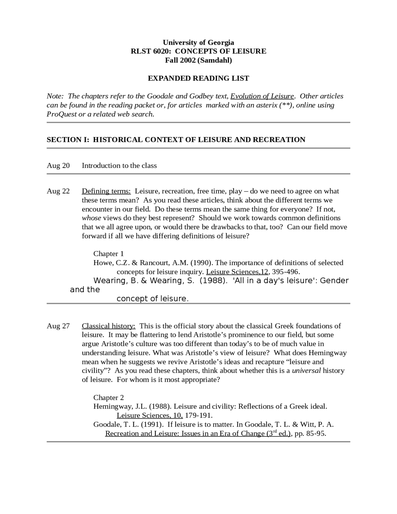 Evolution of Leisure - Expanded Reading List | RLST 6020 - Docsity