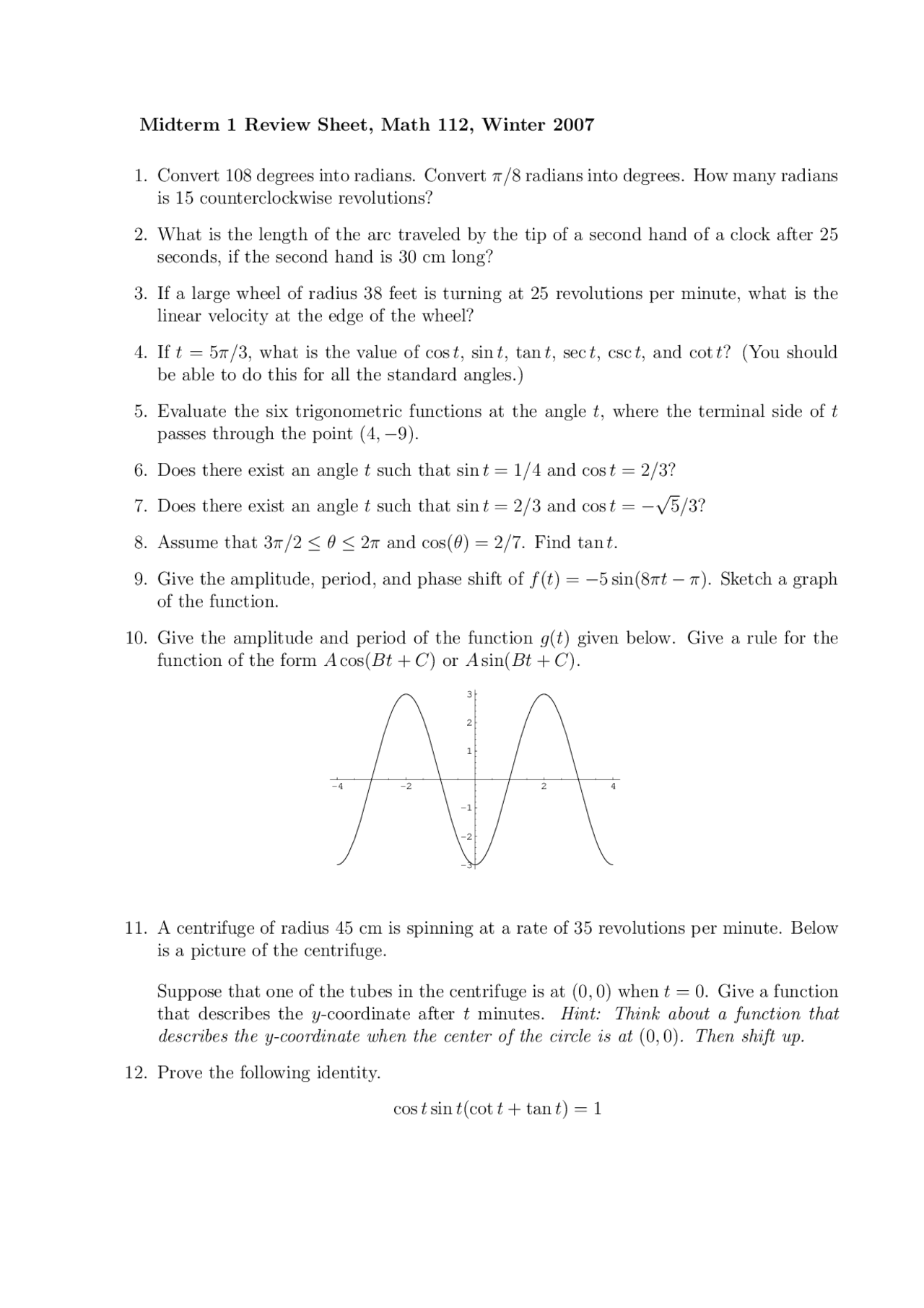 Midterm 1 Review Sheet Elementary Functions 2007 Math 112 Docsity