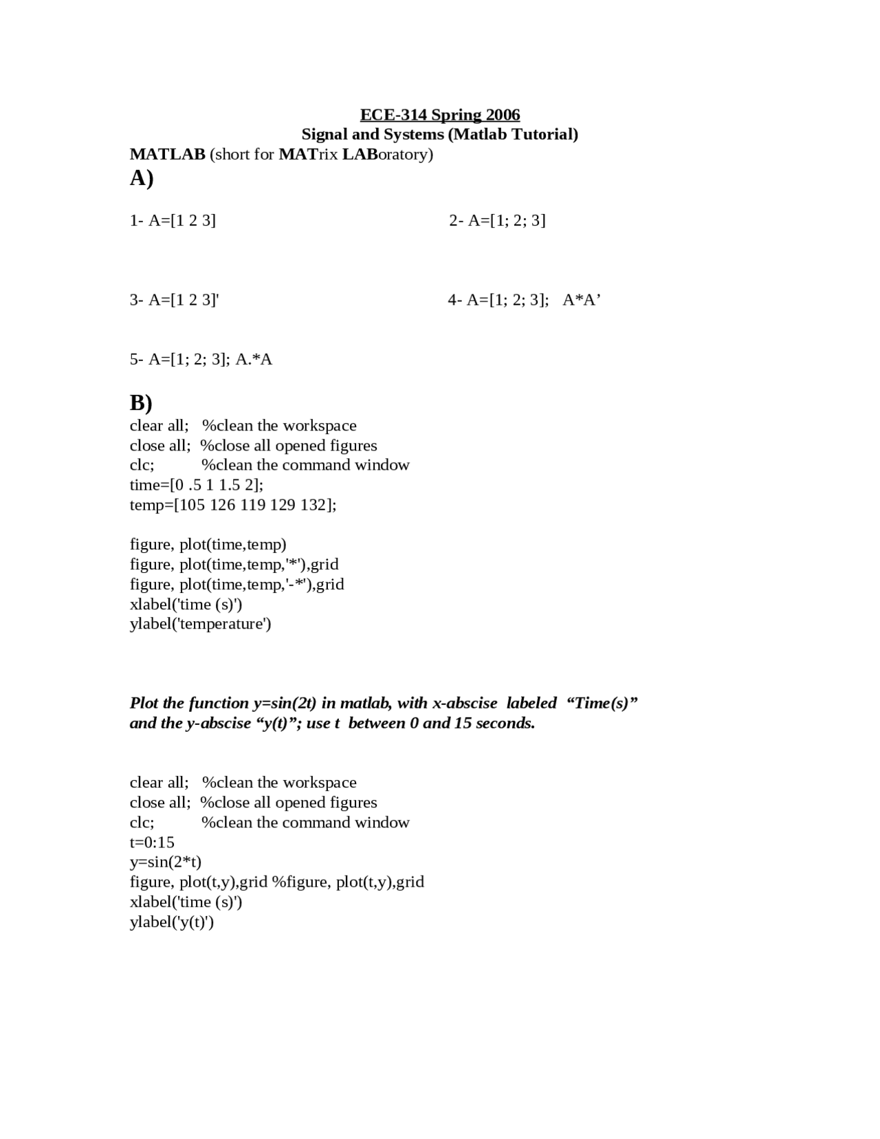 Signal And Systems Matlab Tutorial Ece 314 Docsity 5362