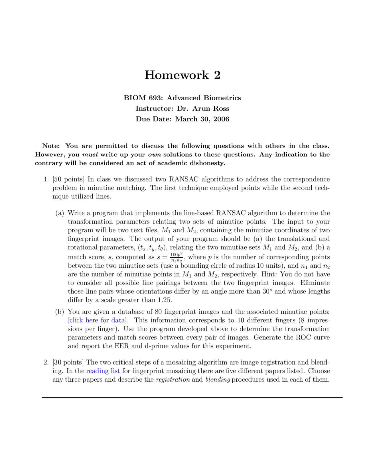 Advanced Biometrics Homework 2: RANSAC Algorithms and Fingerprint Mosaicing - Prof. Arun R ...