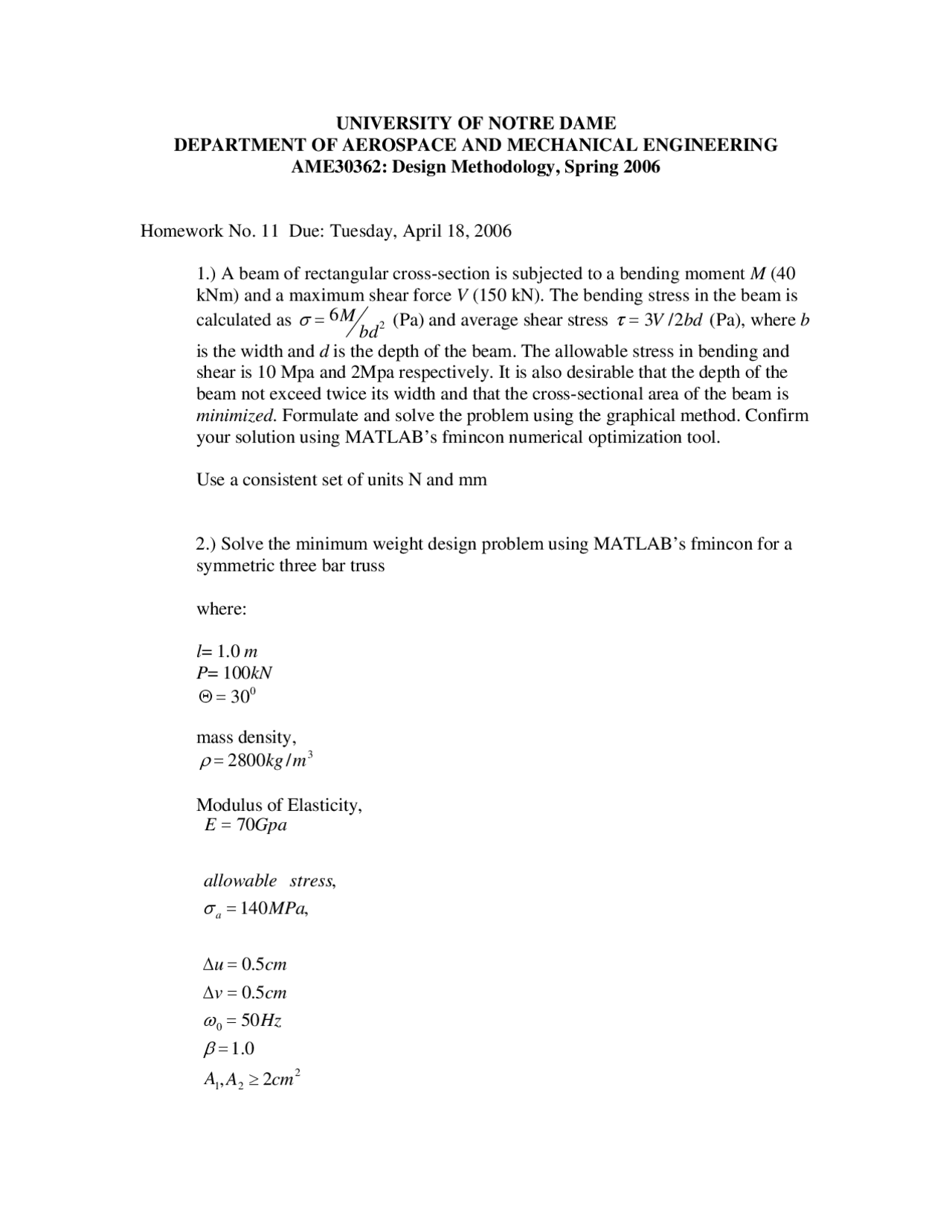 Homework 11 For Design Methodology Ame 30362 Docsity
