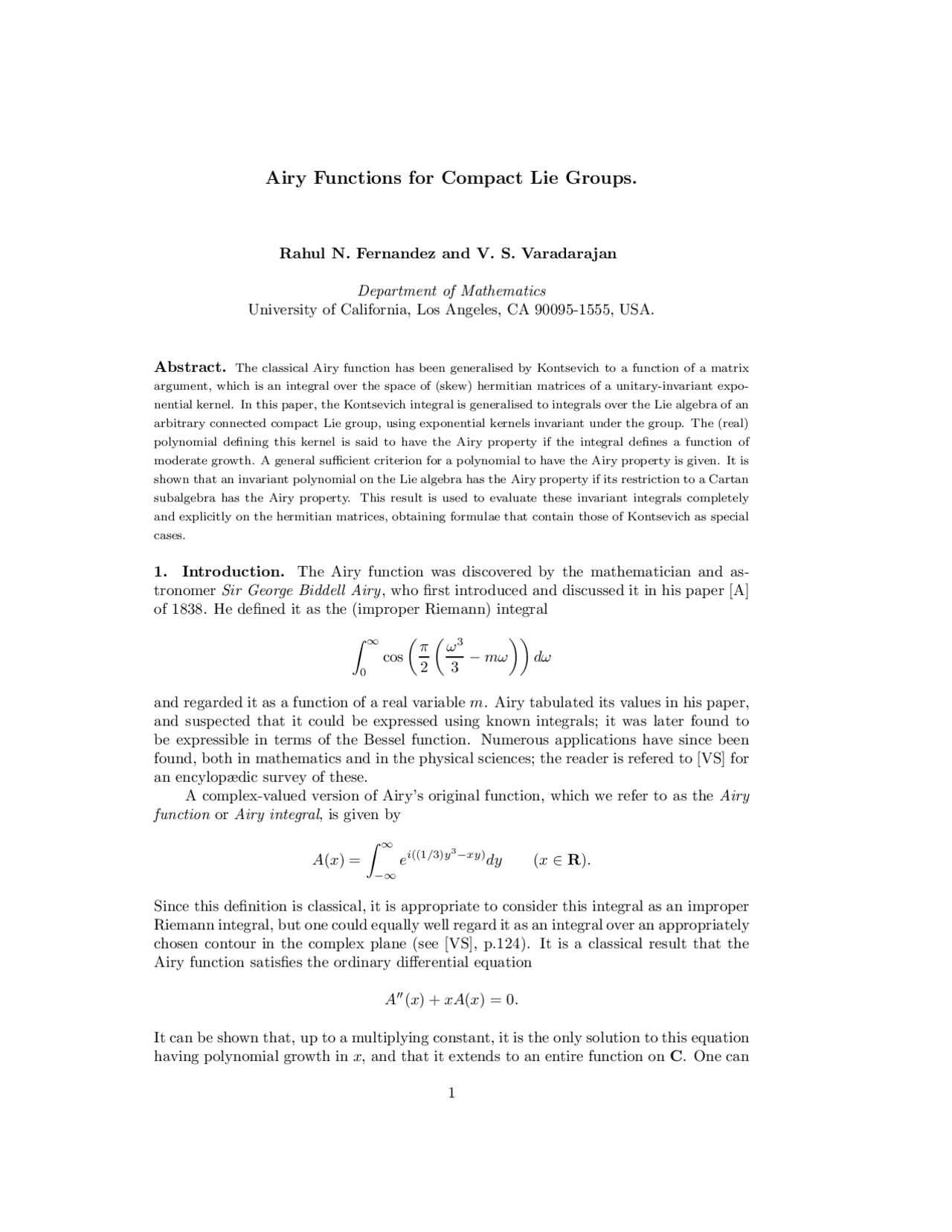 Airy Functions for Compact Lie Groups - Cryptography | MATH 0209A - Docsity