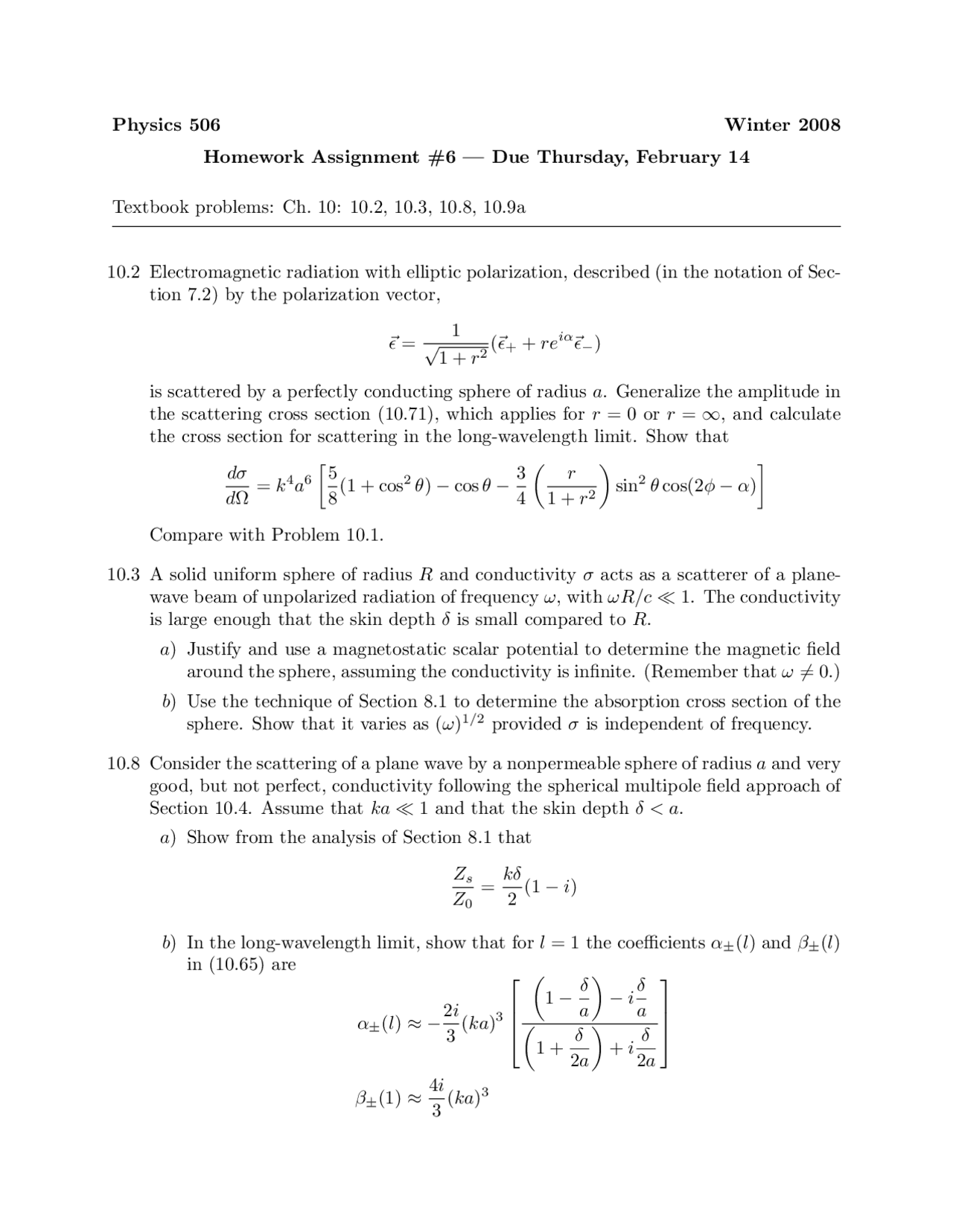 Electricity And Magnetism Ii Homework 6 Physics 506 Docsity