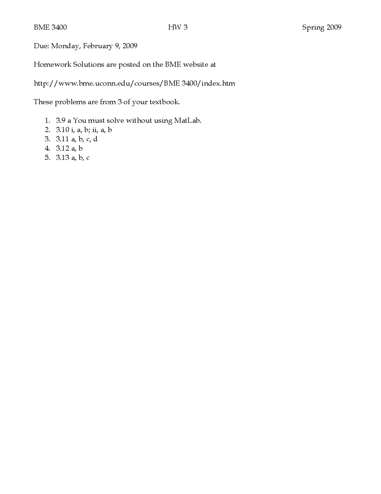 Homework 3 Problems Bio System Analysis Bme 3400 Docsity