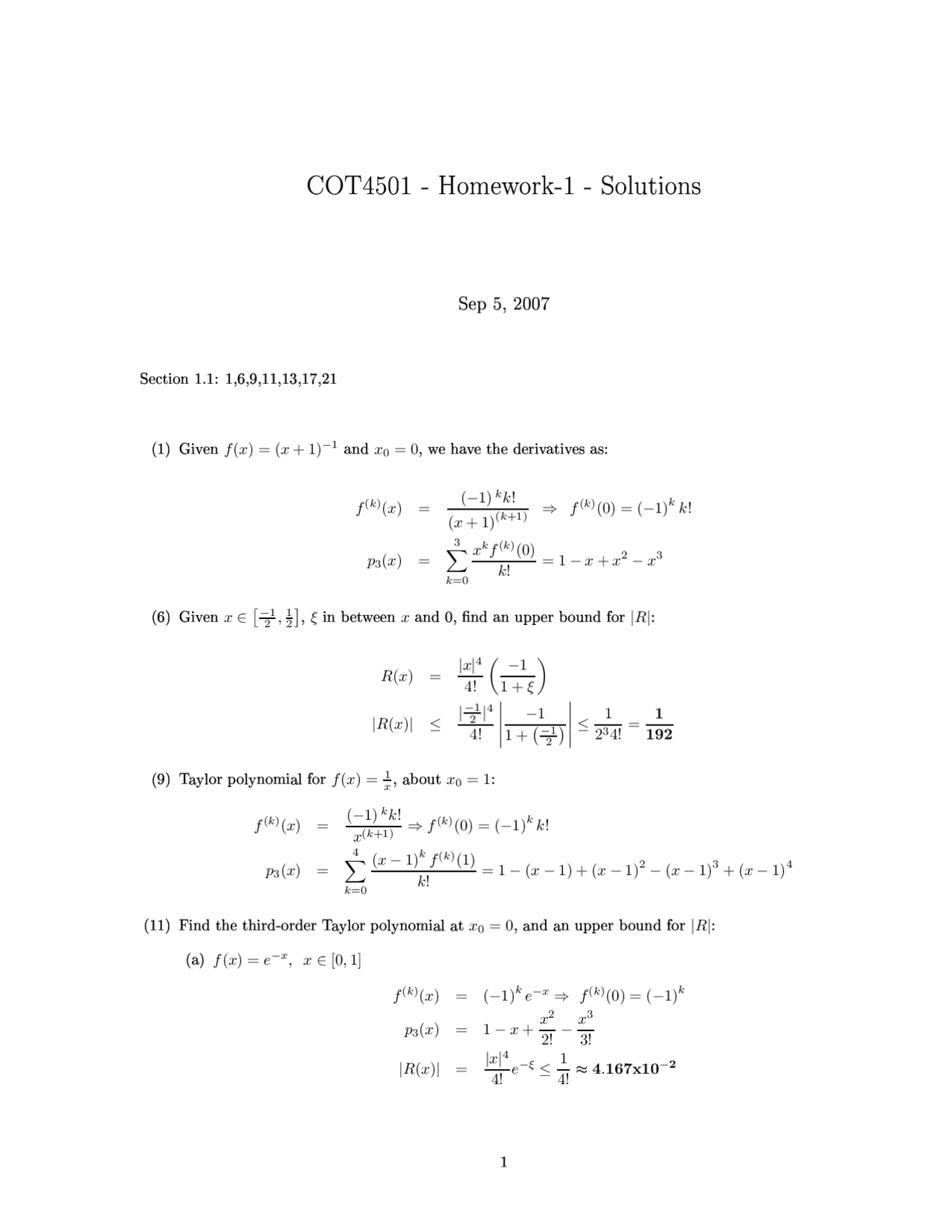 Numerical Analysis Computation Homework 1 Solutions Cot 4501 Docsity