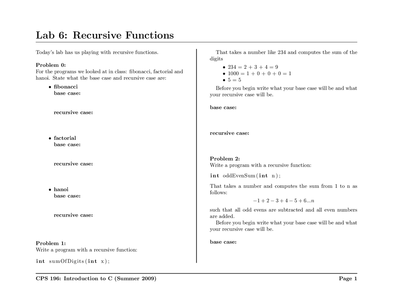 Introduction To Computer Programming Lab 6 Recursive Functions Cps 196 Docsity
