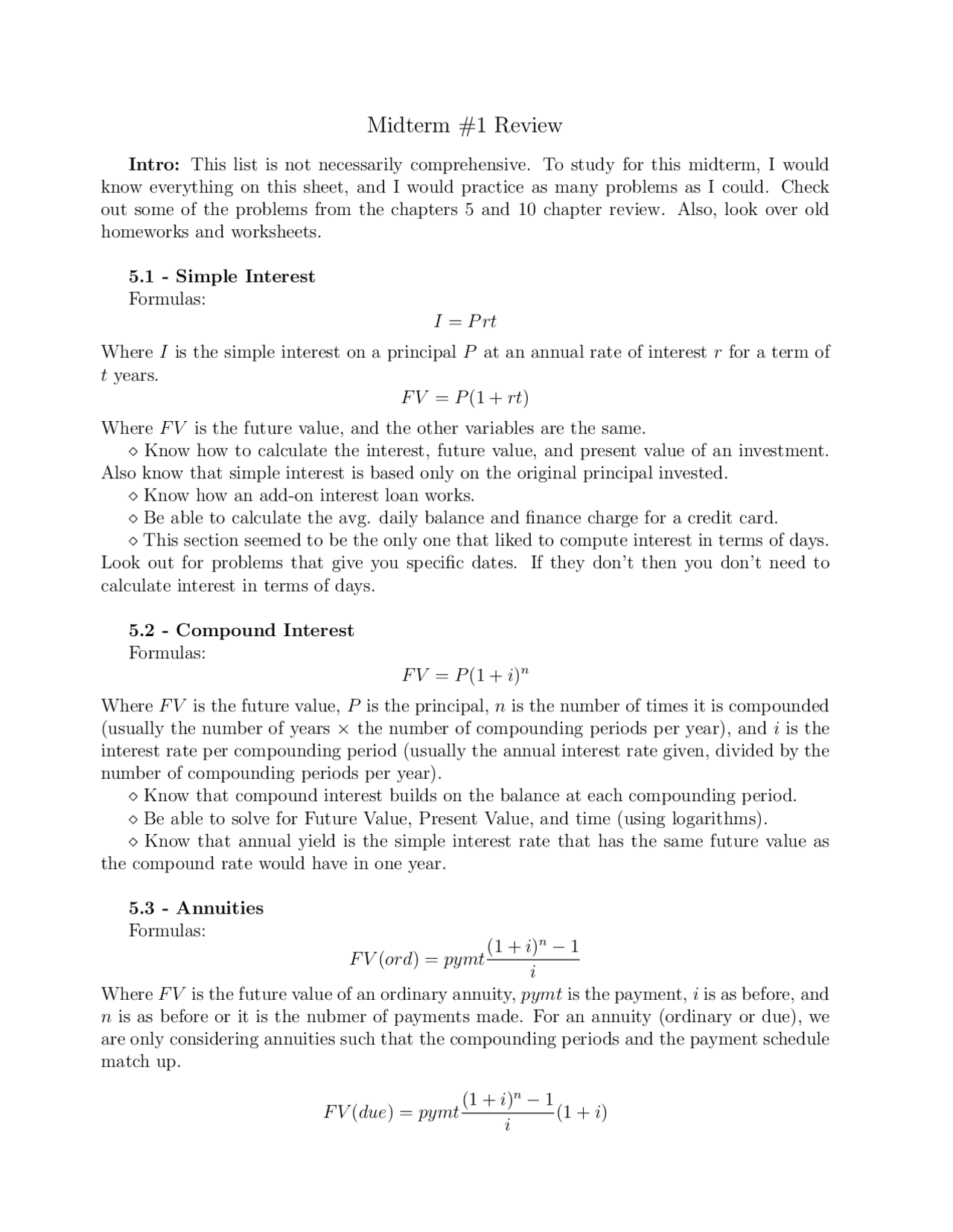 Simple and Compound Interest and Annuities - Review Sheet | MATH 106 ...