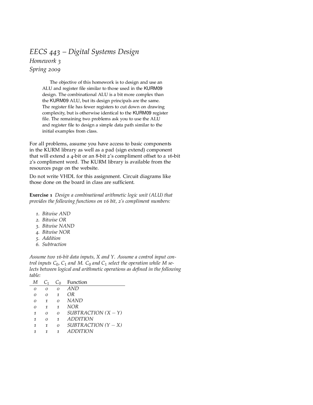 Exercise Questions On Digital Systems Design Assignment 3 Eecs 443