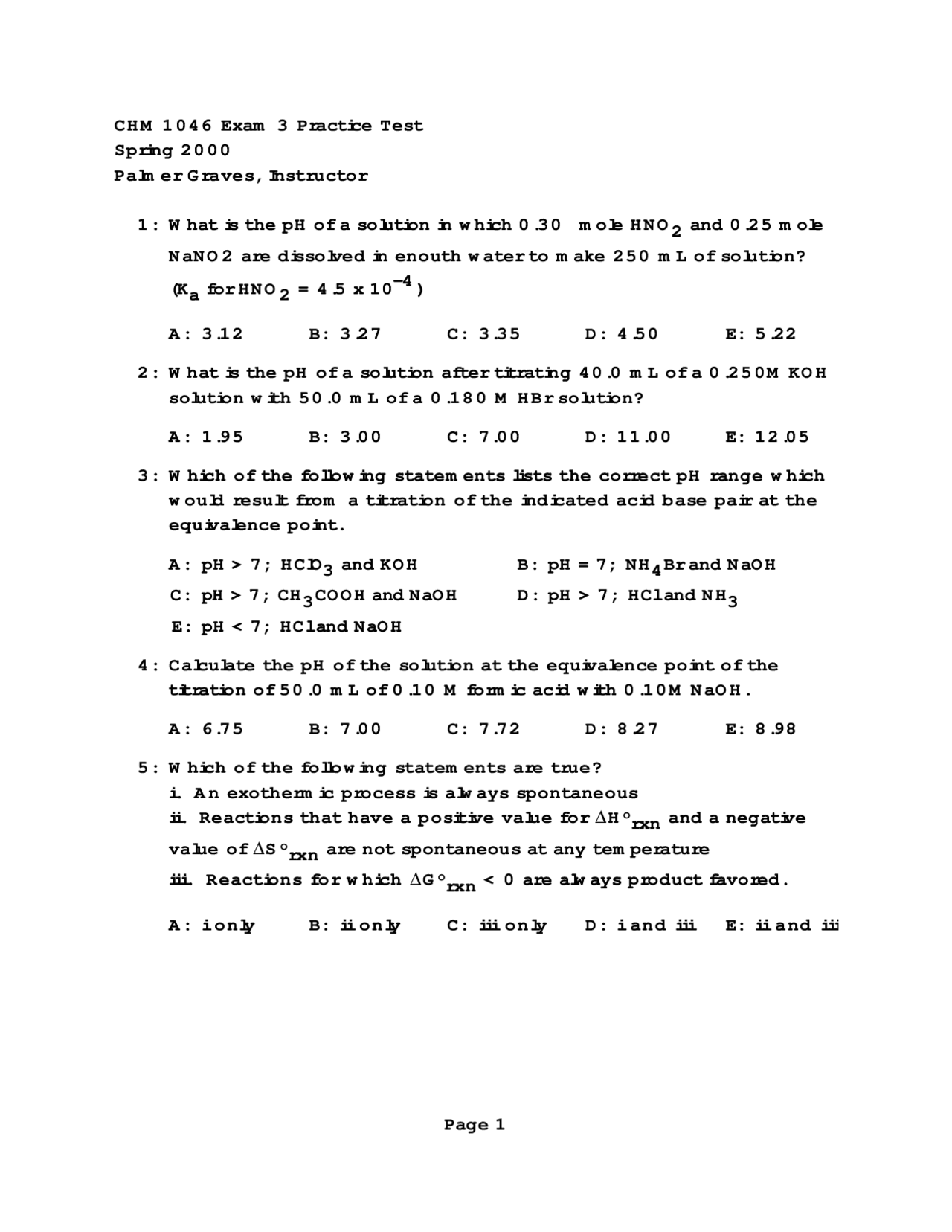 General Chemistry Ii Practice Problems For Exam 3 Chm 1046 Docsity