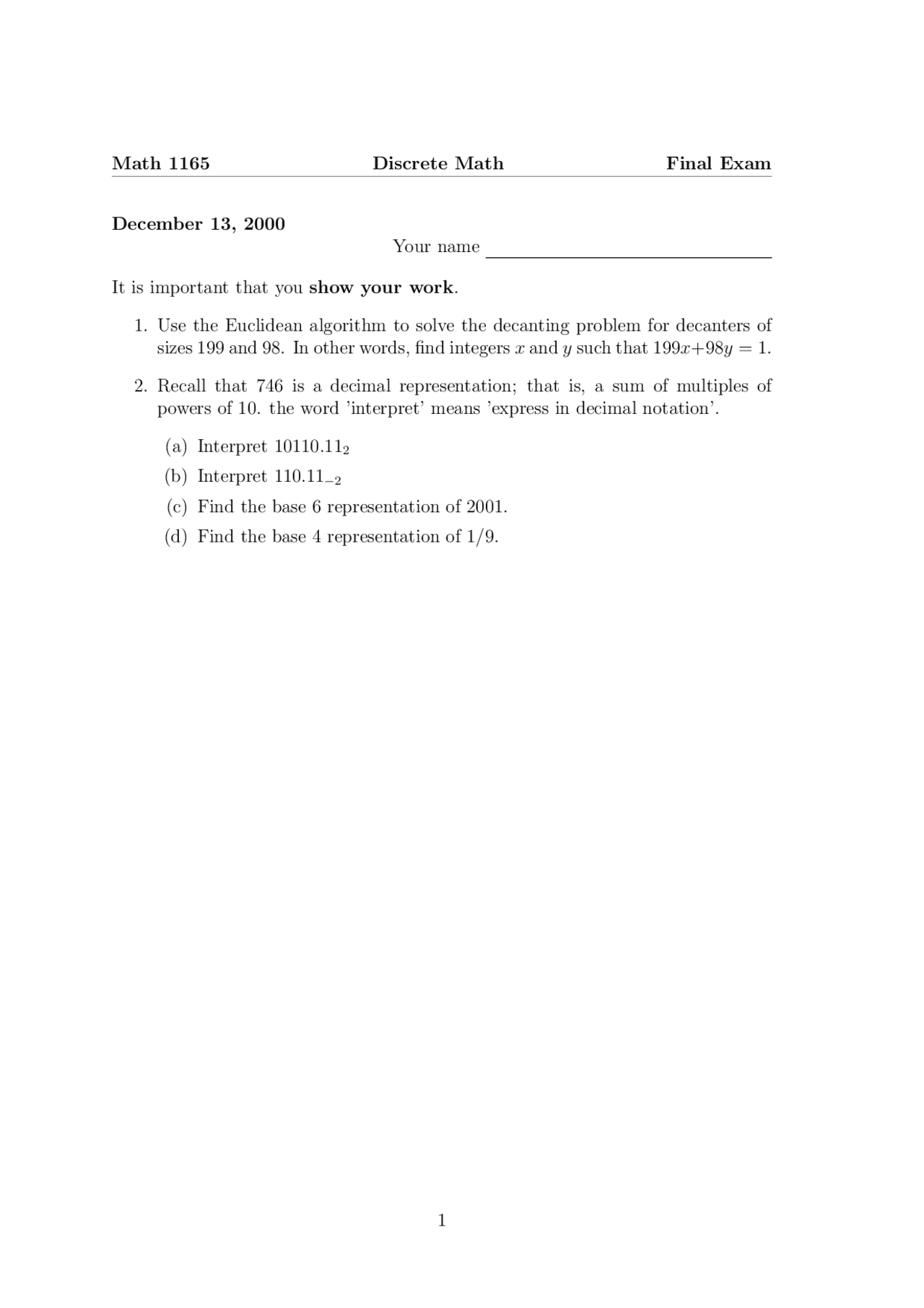 Final Exam Introduction To Discrete Structures Math 1165 Docsity