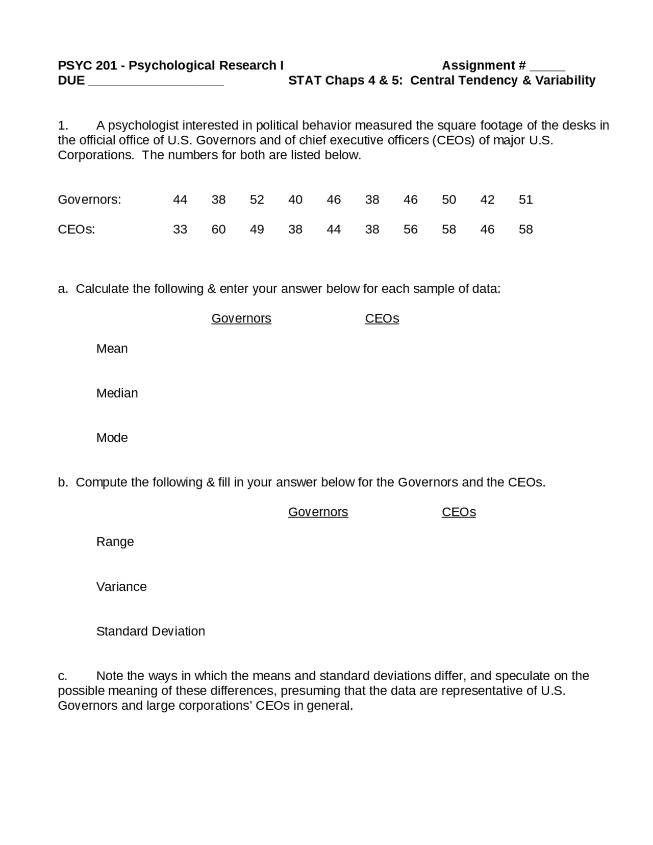 Central Tendency and Variability - Assignment | PSYC 201 | Assignments Psychology | Docsity
