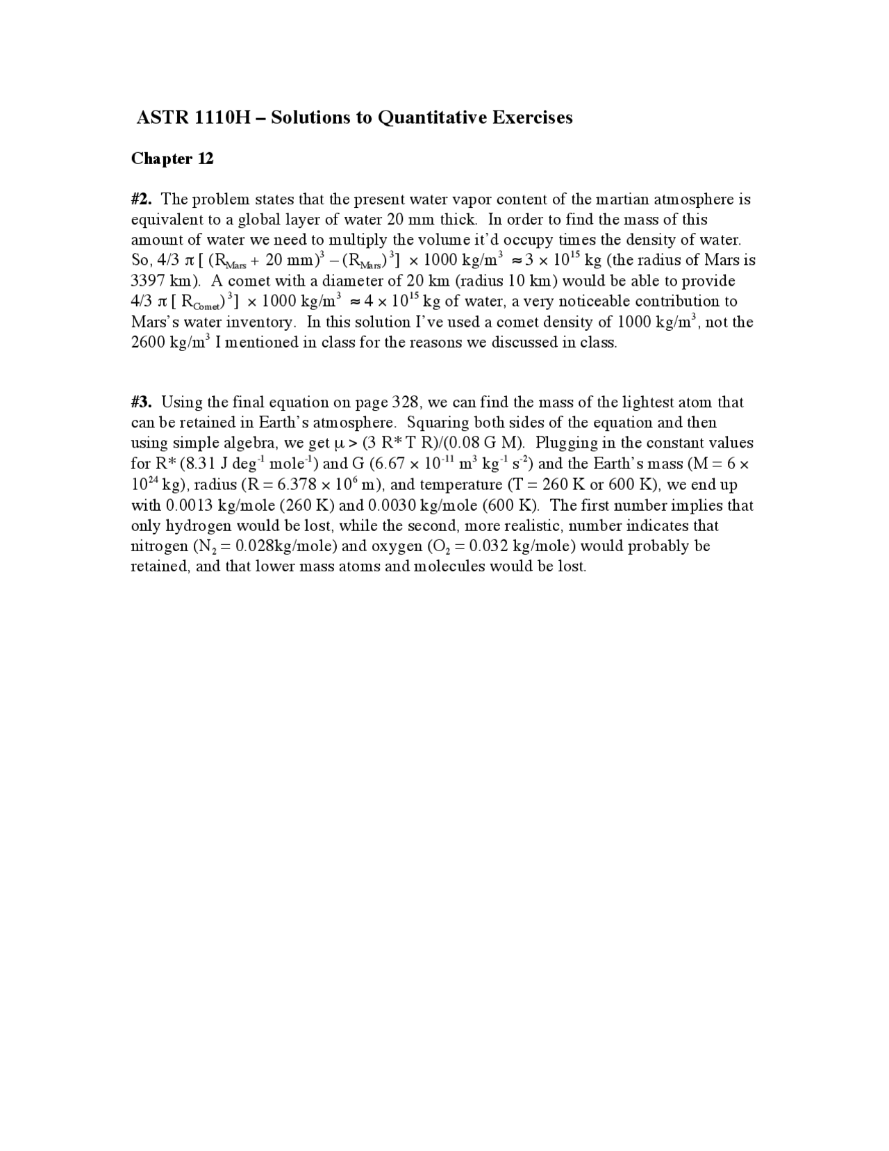 Solutions To Quantitative Exercises Introduction To Astronomy Astr
