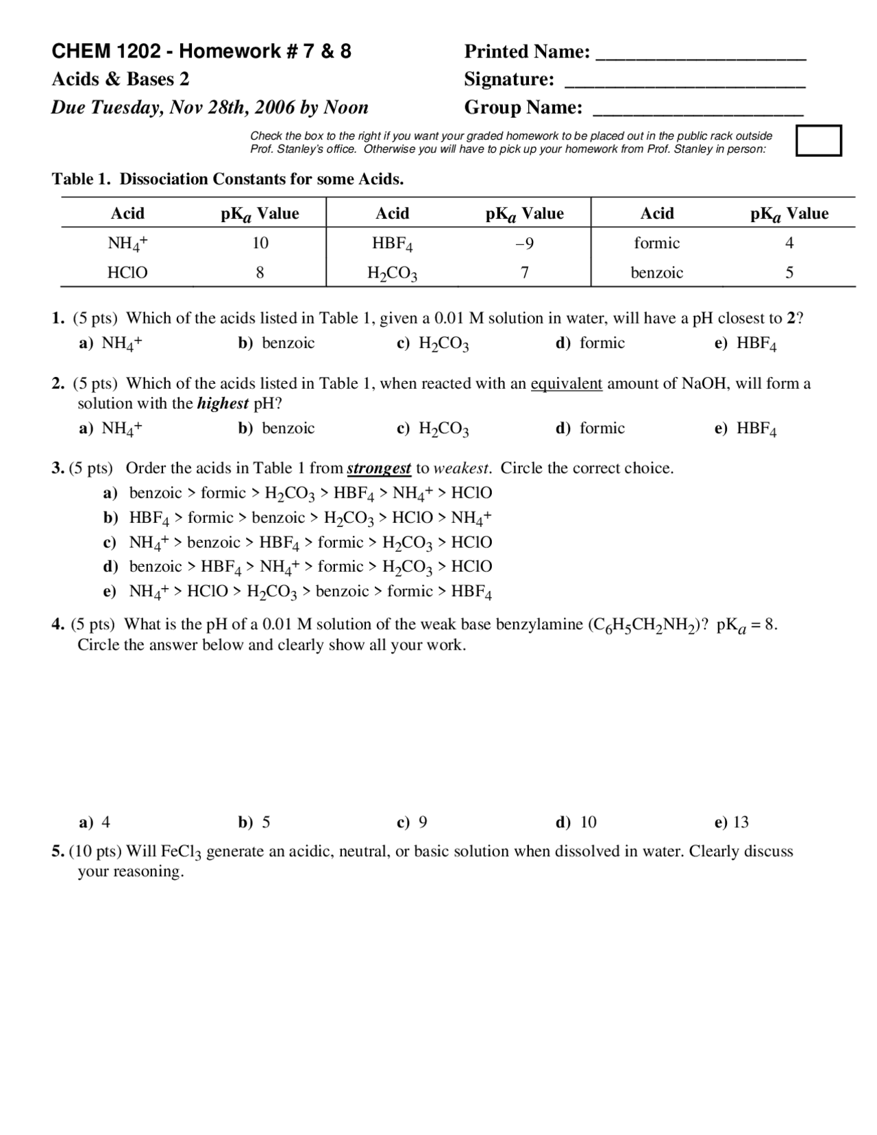 Acids and Bases II - Assignment Problems | CHEM 1202 - Docsity