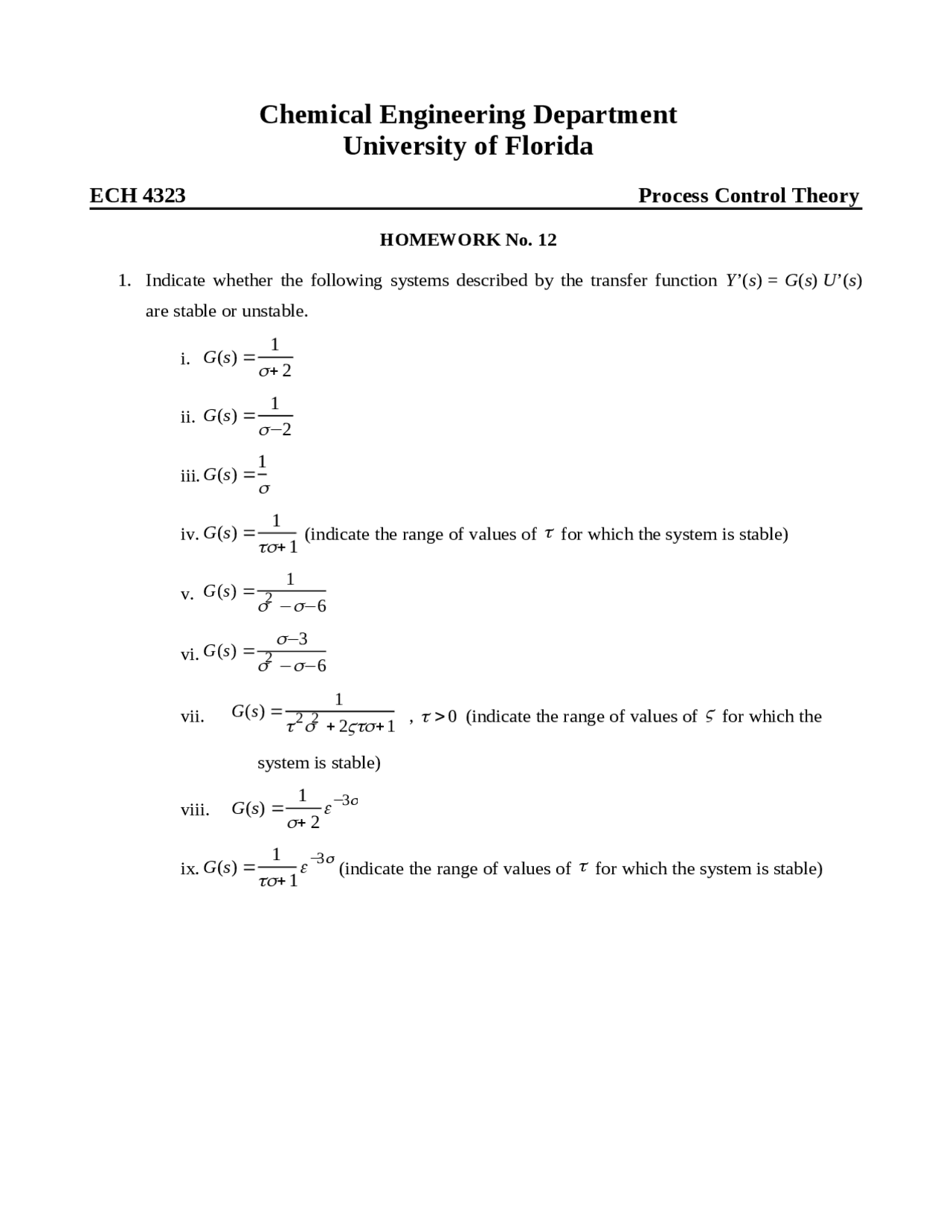 Process Control Theory Homework 12 Questions Unsolved Ech 4323