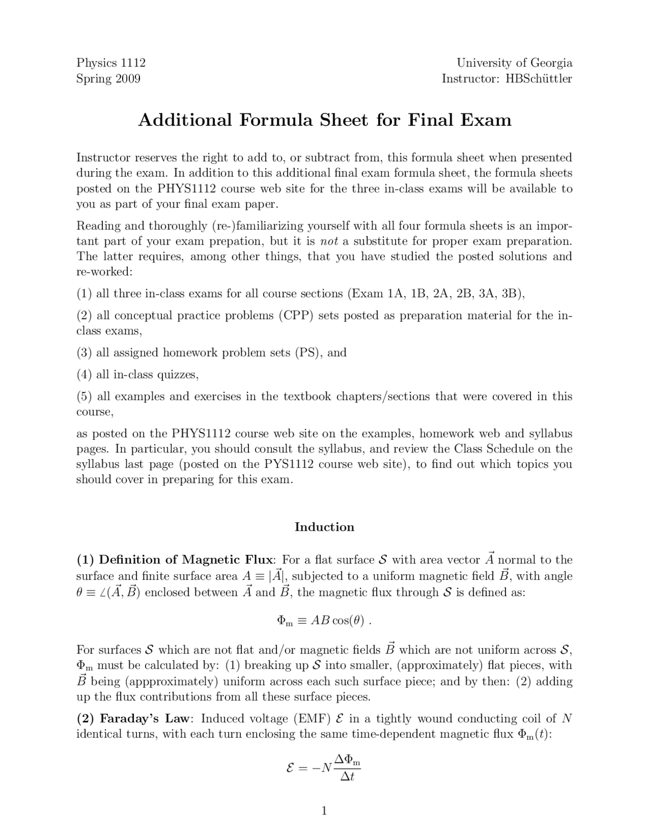 Additional Formula Sheet for Final Exam - Introductory Physics | PHYS ...