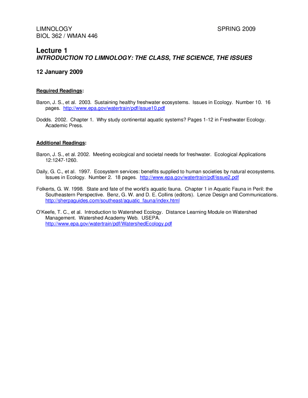 Introduction To Limnology The Class The Science The Issues Biol