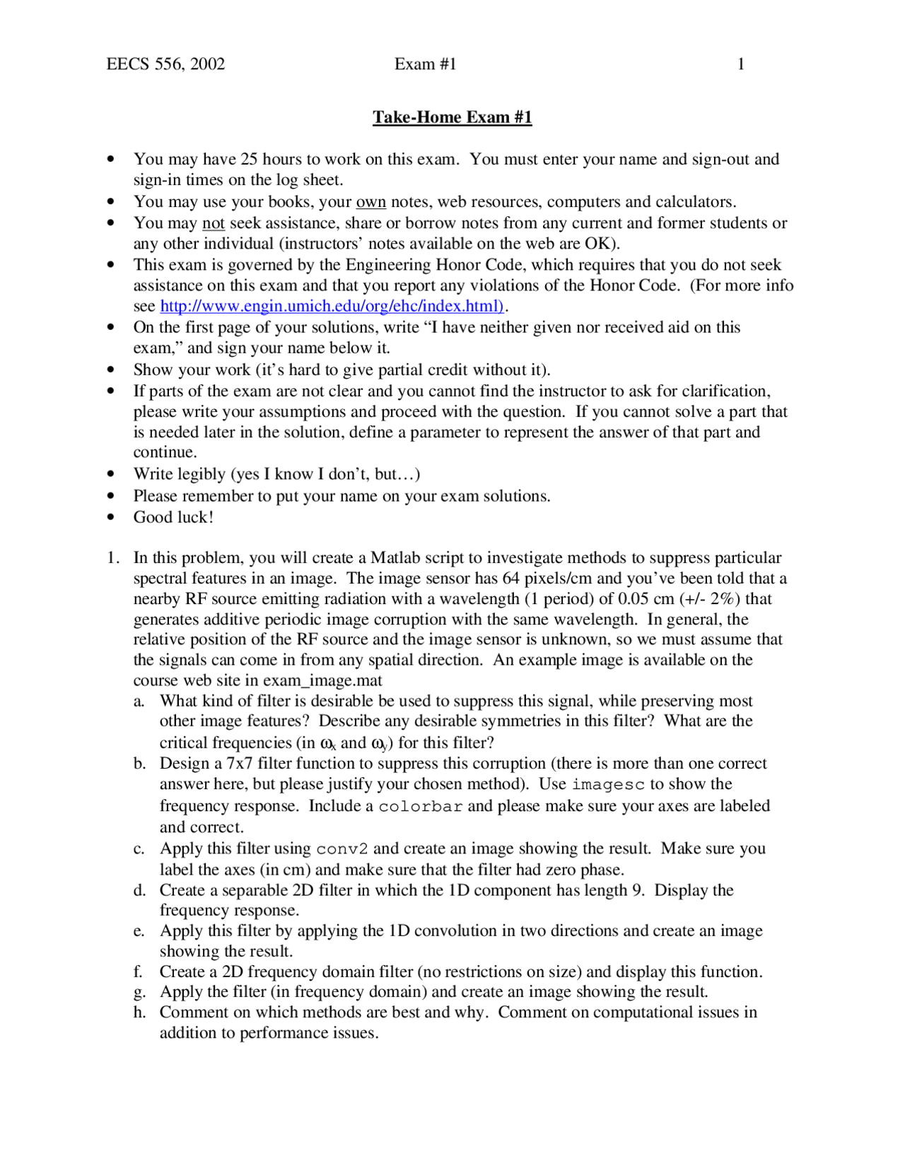 EECS 556 Exam 1: Image Processing and Filter Design | Exams Electrical and Electronics ...