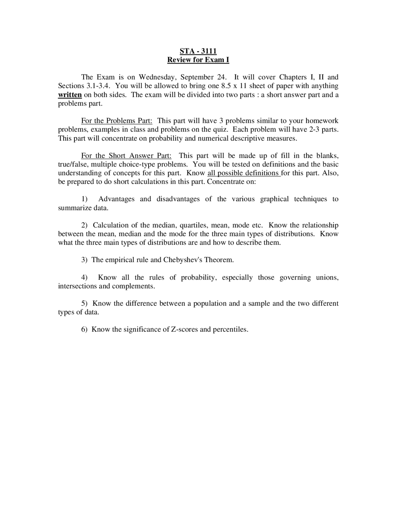 Review For Examination 1 Statistics I Sta 3111 Docsity
