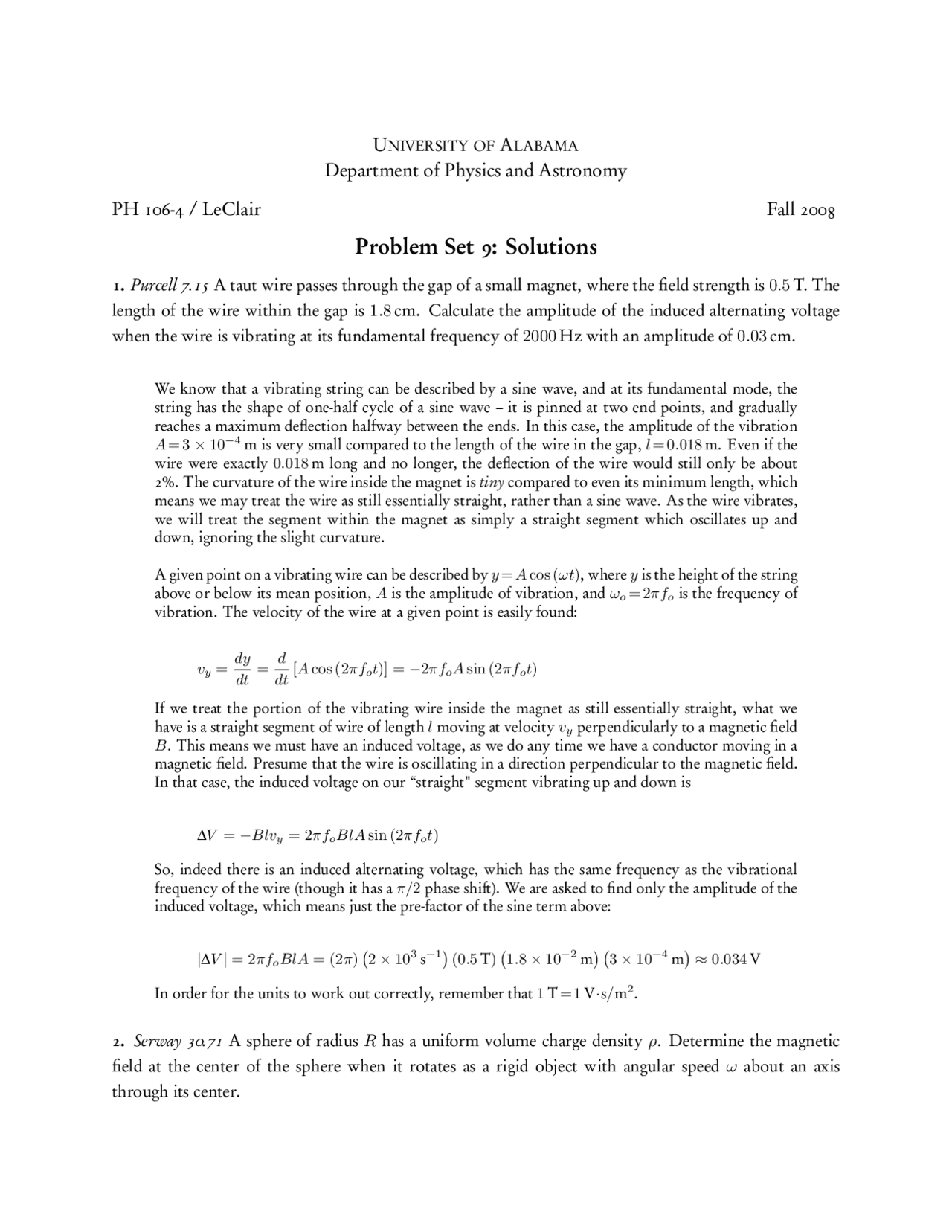 Problem Set 9 with Solutions - General Physics with Calculus II | PH 106 - Docsity