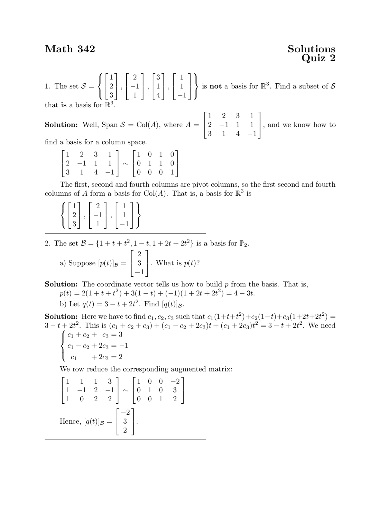 Solutions For Quiz 2 Elementary Linear Algebra Math 342 Docsity