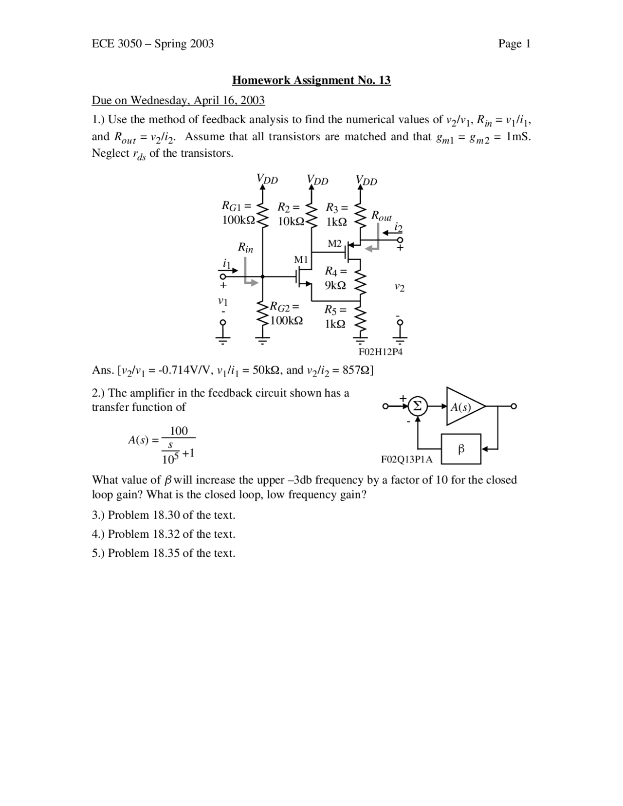 5 Problems On The Feedback Amplifier Assignment Ece 3050 Docsity