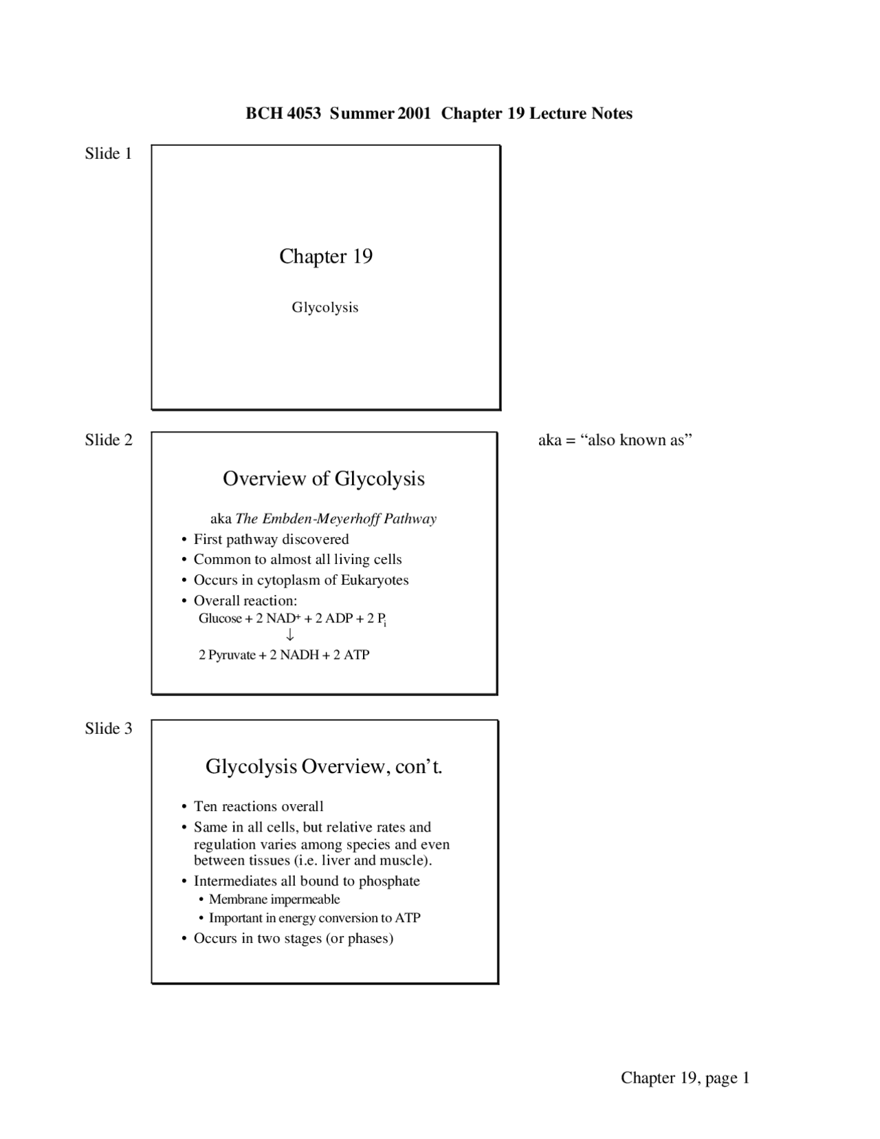 Notes On Glycolysis General Biochemistry Ii Summer 2001 Bch 4053