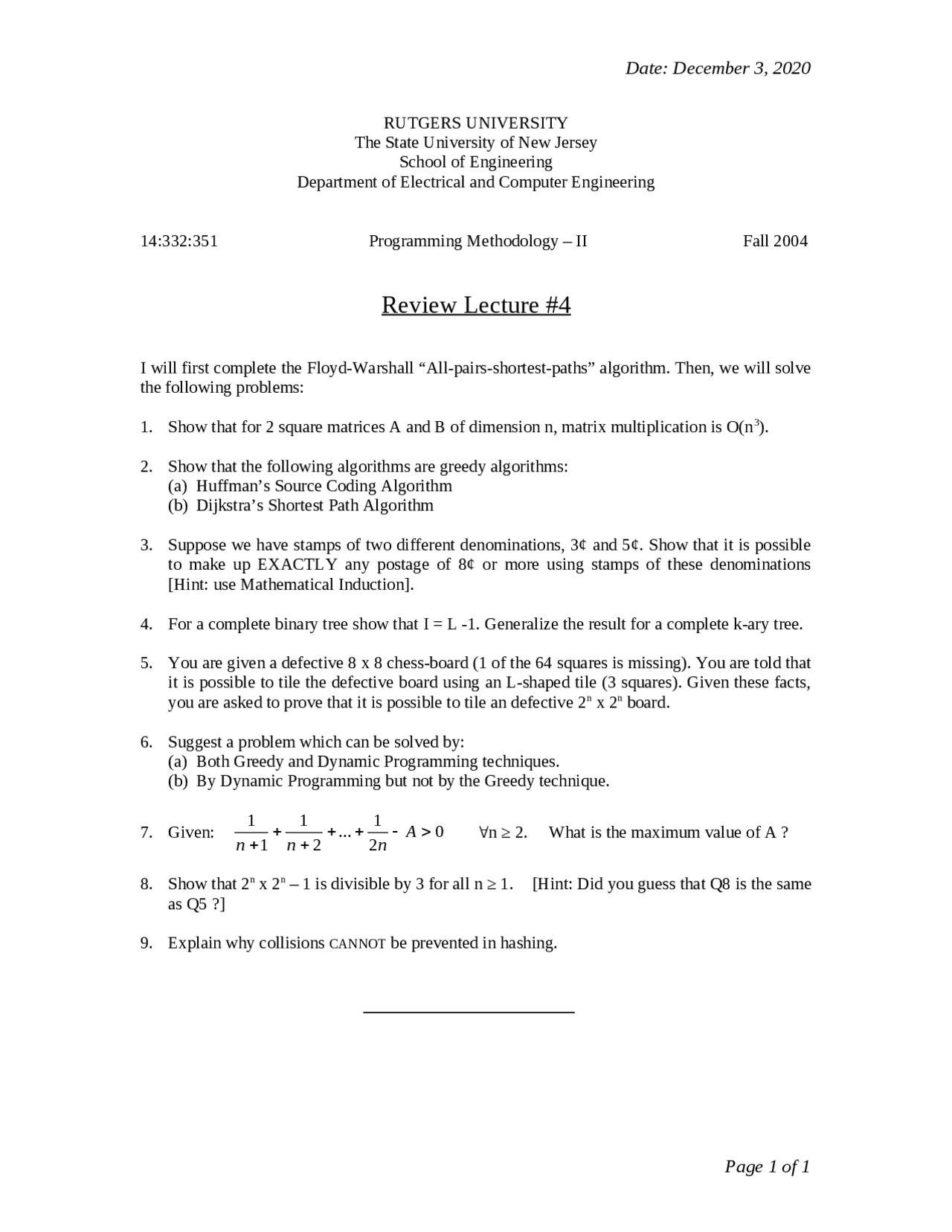 Review Questions For Exam Programming Methodology Ii 332 351 Docsity