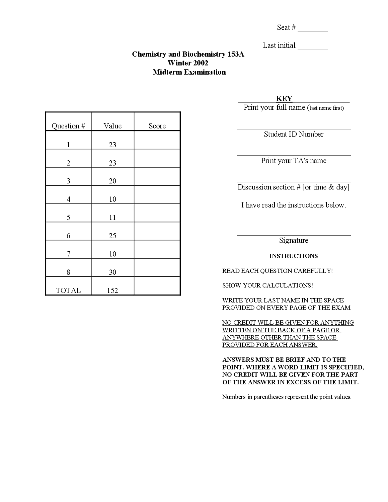 Midterm Exam With Answers Biochemistry Structure Enzymes