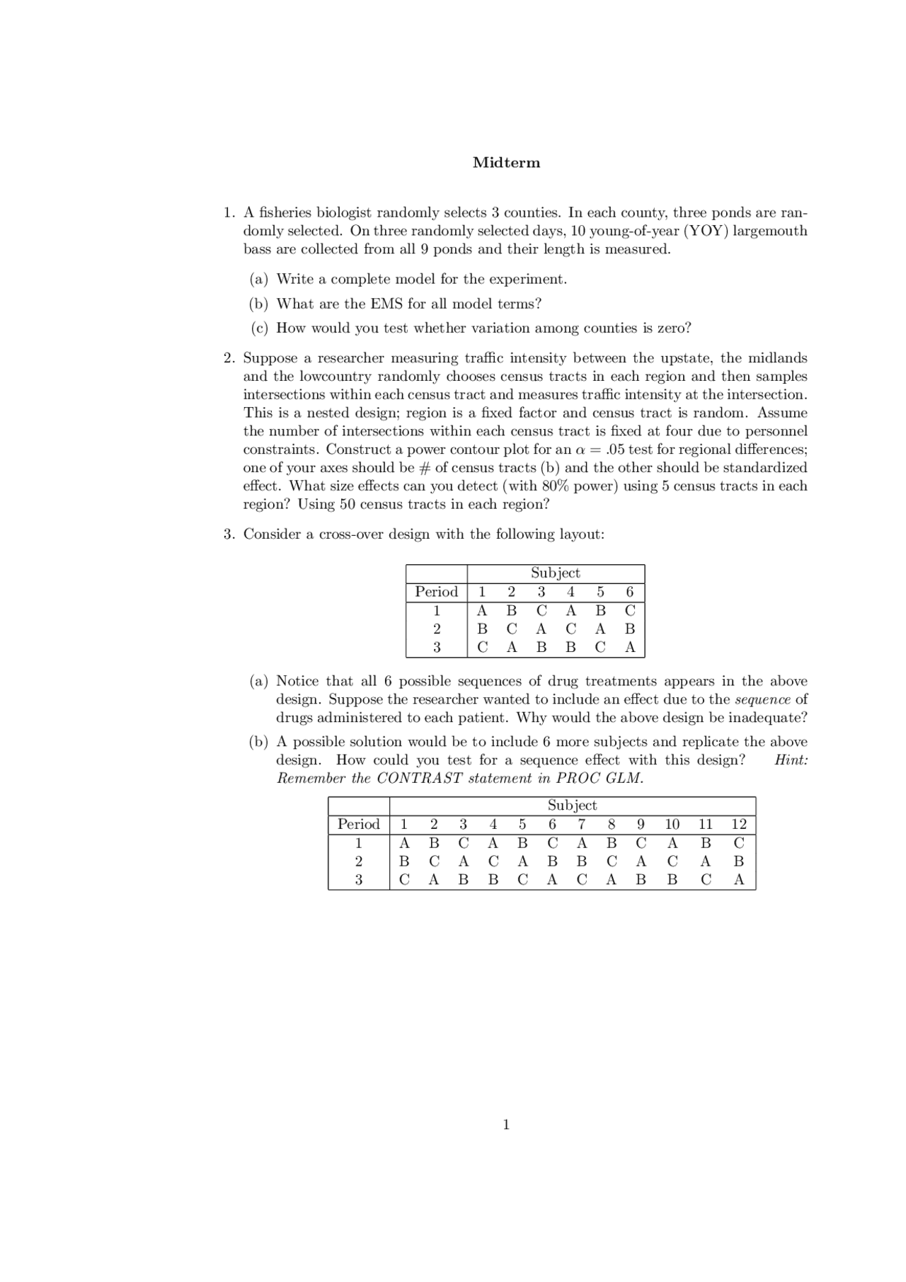 Sample Questions For Midterm Experimental Design Stat 706 Docsity