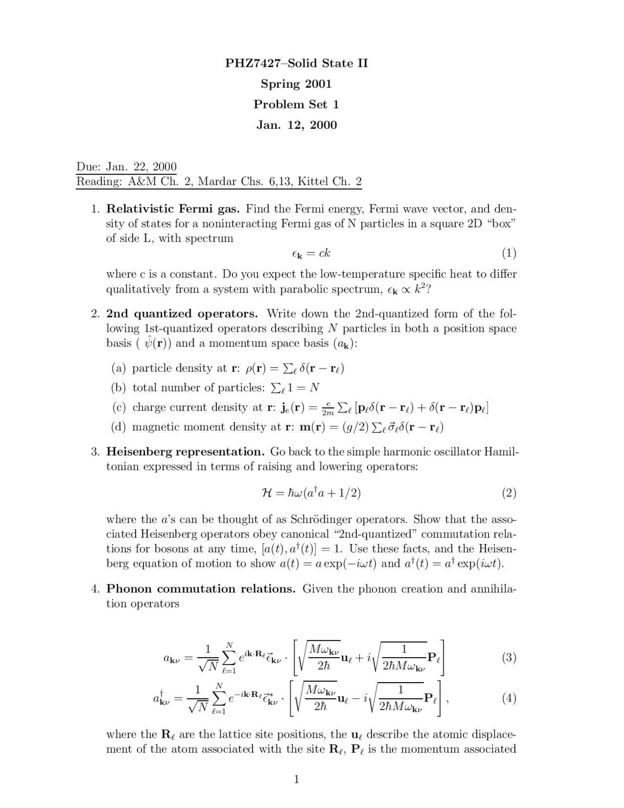 Problem Set 1 For Solid State Ii Spring 2001 Phz 7427 Docsity