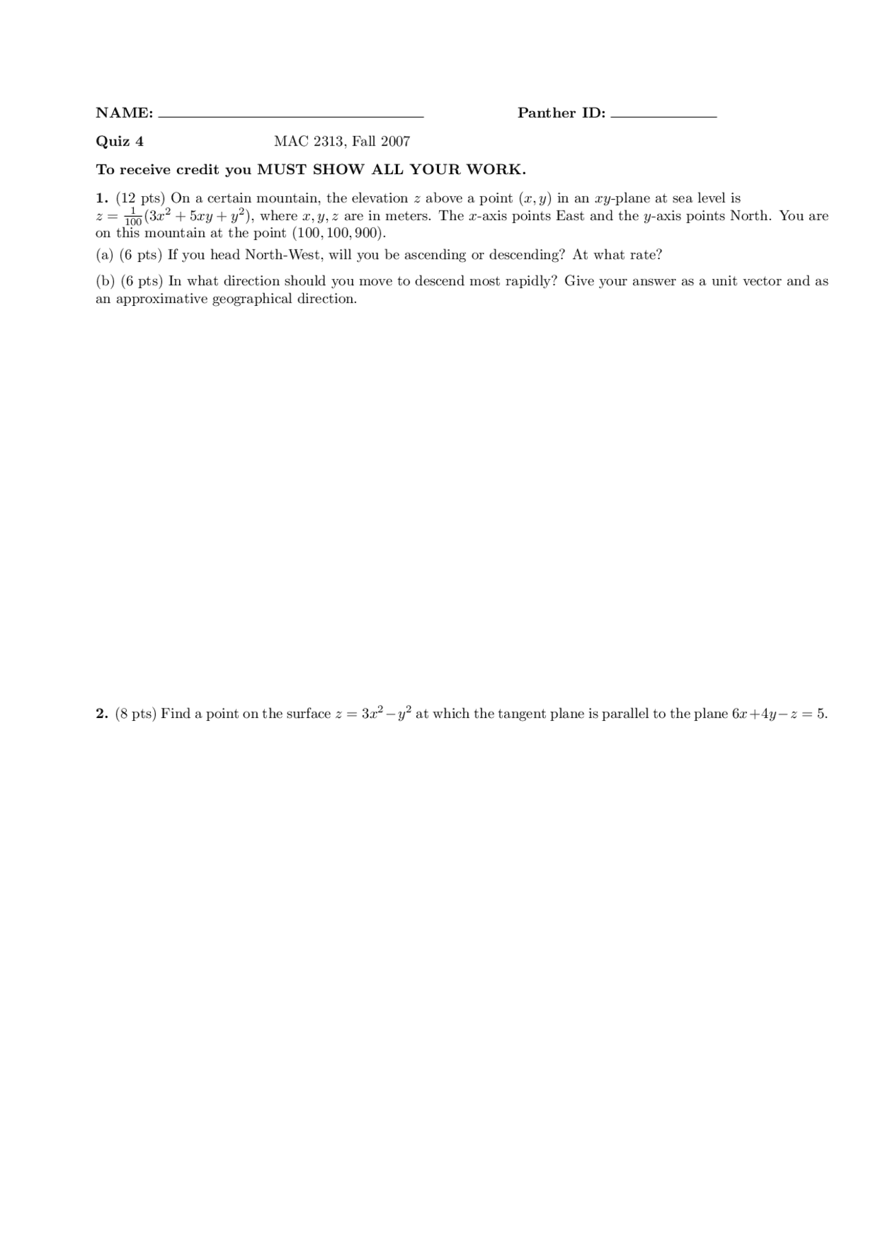 Quiz 4 For Multivariable Calculus Mac 2313 Docsity