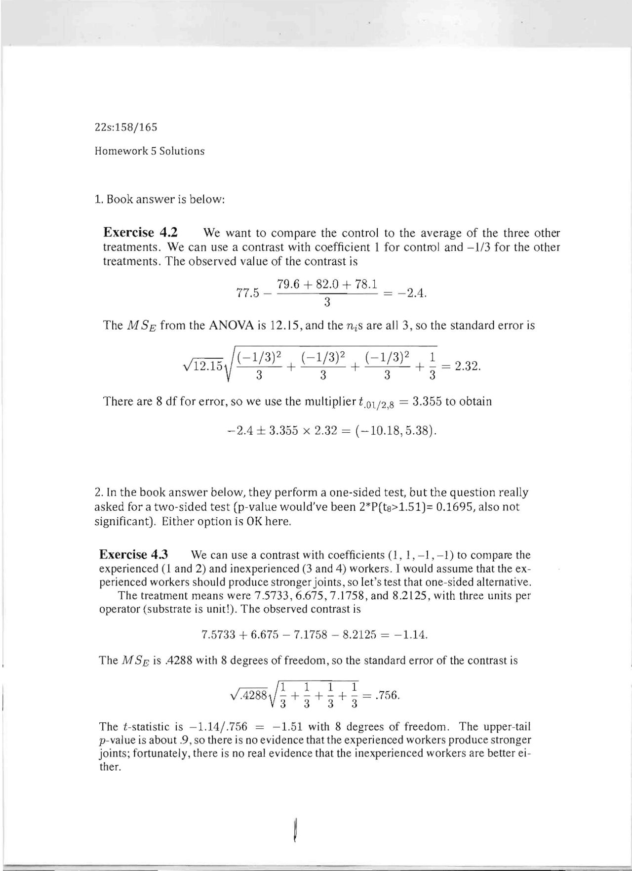 Homework 5 Solutions Experimental Design And Analysis 22s 158 Docsity