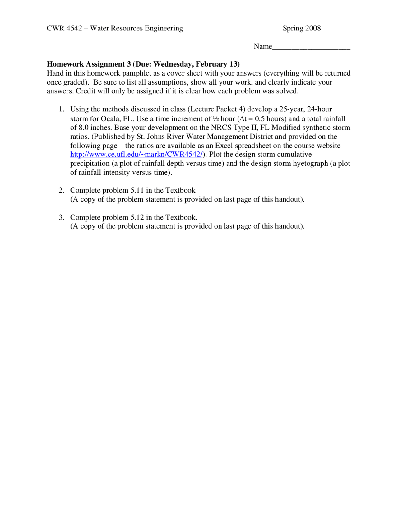 Water Resources Engineering Homework Assignment 3 - Spring 2008 ...