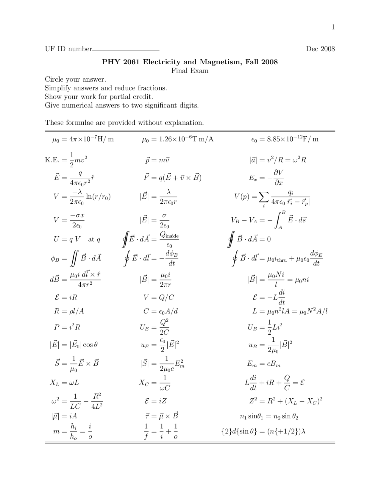 Solved Questions For Exam Enriched Physics With Calculus 2 Phy 2061