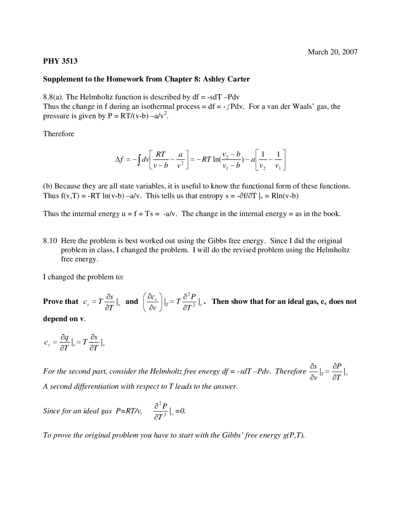 Supplement to Homework From Chapter 8: Ashley Carter | PHY 3513 - Docsity