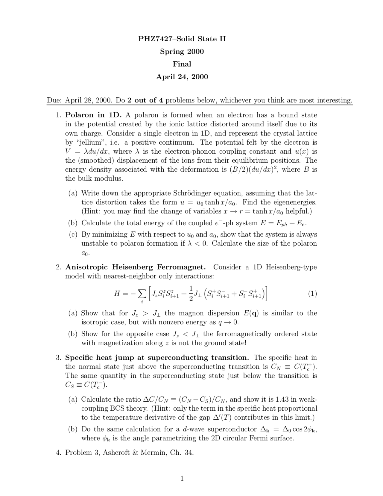 4 Problems Of Solid State Ii Final Exam Phz 7427 Docsity
