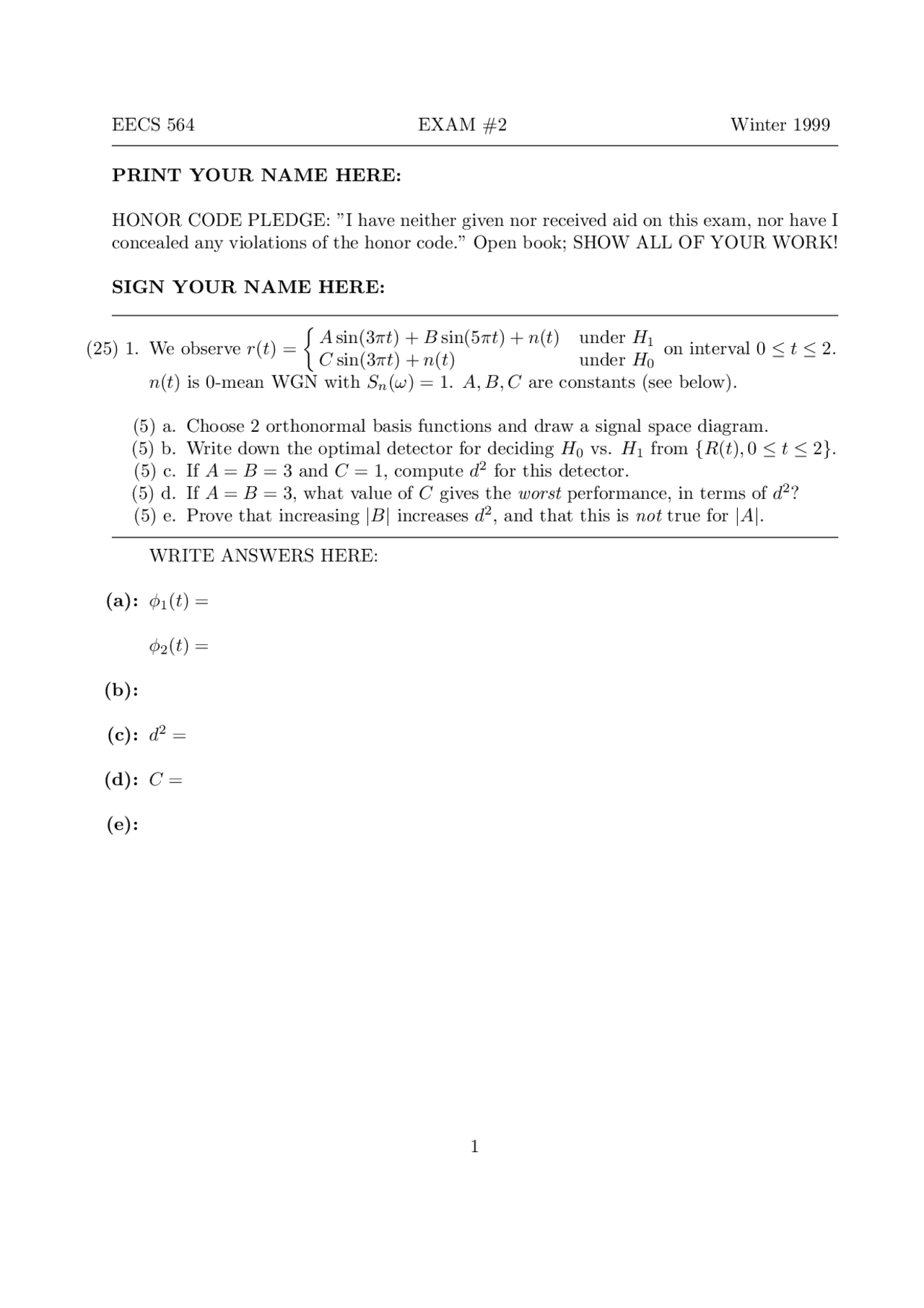 3 Solved Problems on Karhunen Loeve Expansion - Exam 2 | EECS 564 - Docsity
