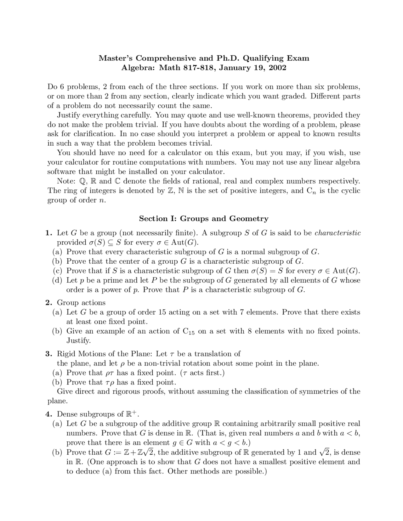 Comprehensive and Ph.D. Qualifying Exam in Algebra: Math 817-818 ...