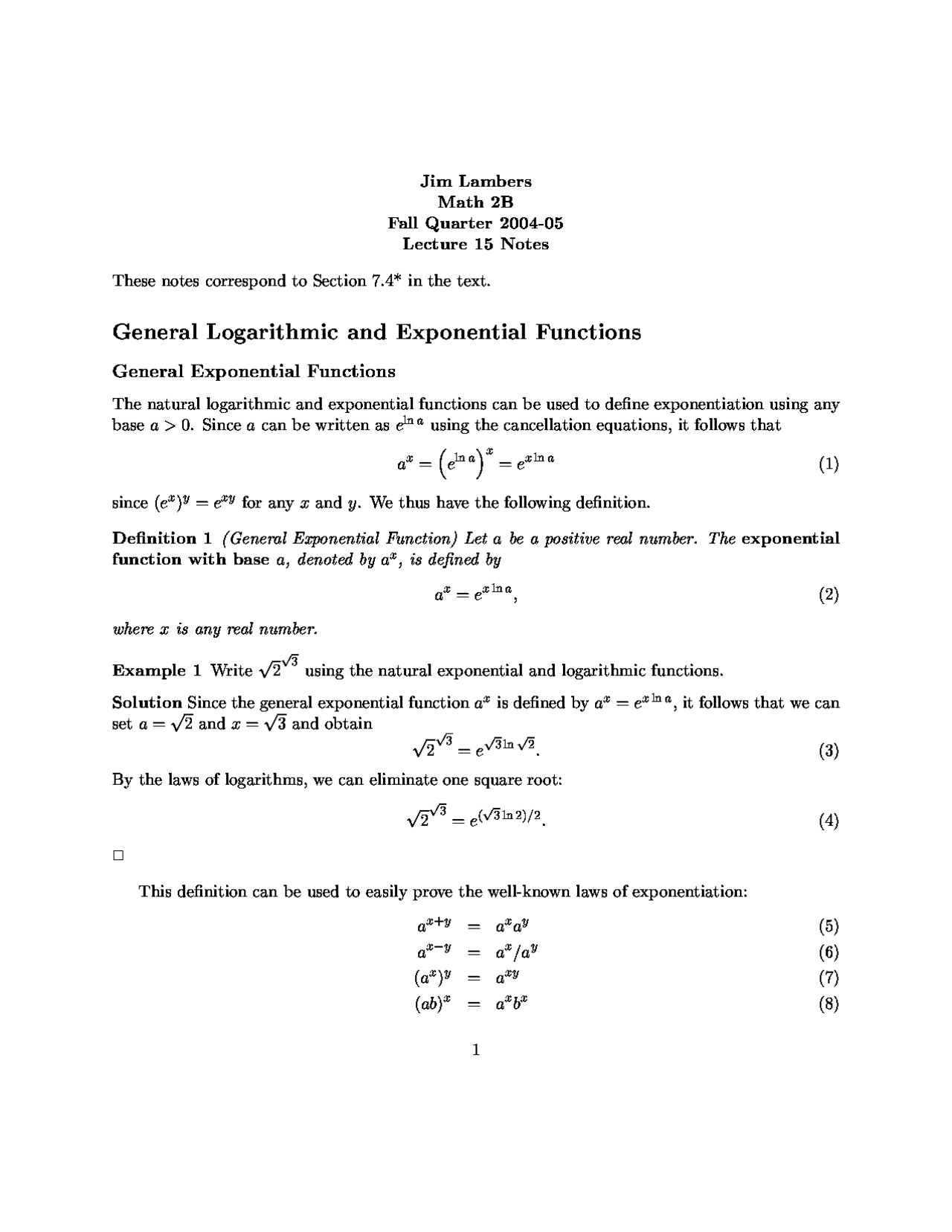 General Logarithmic And Exponential Functions Lecture Notes Math 2b
