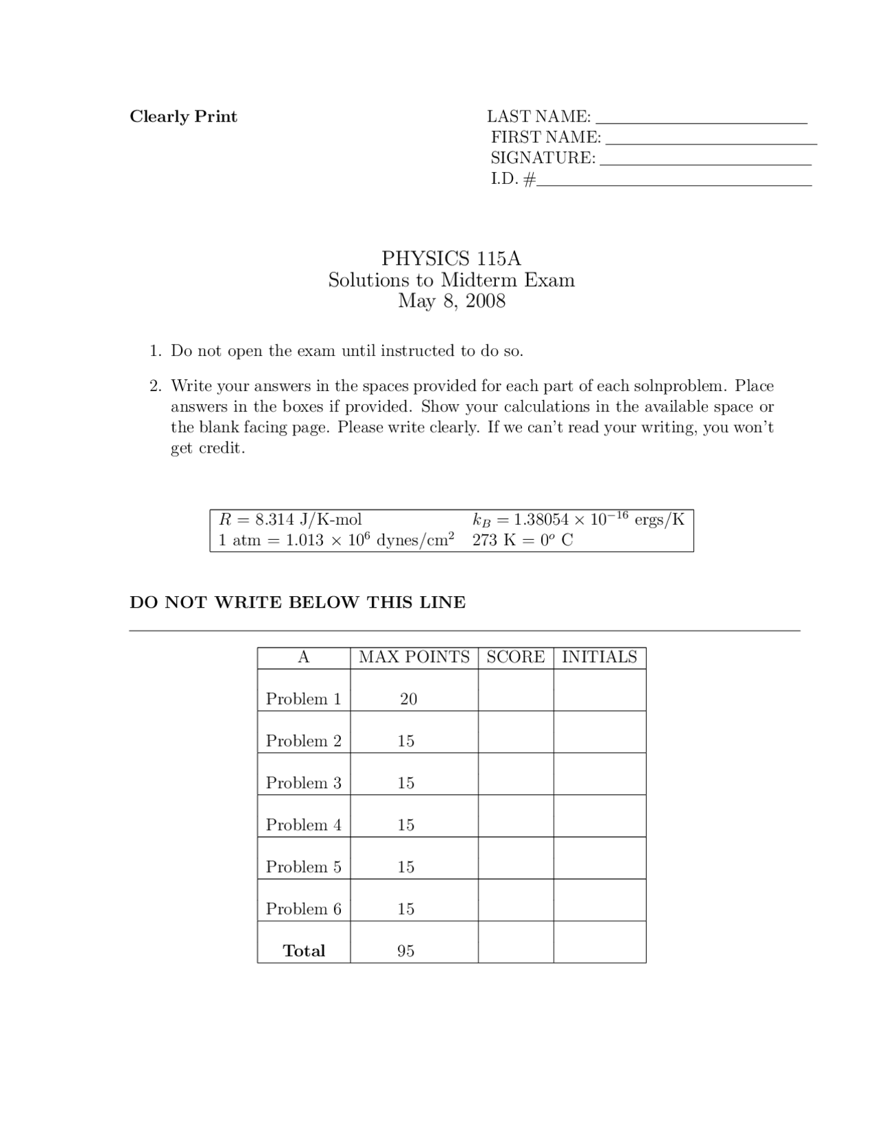 Solutions To Midterm Exam Statistical Physics Physics 115 Exams Physics Docsity