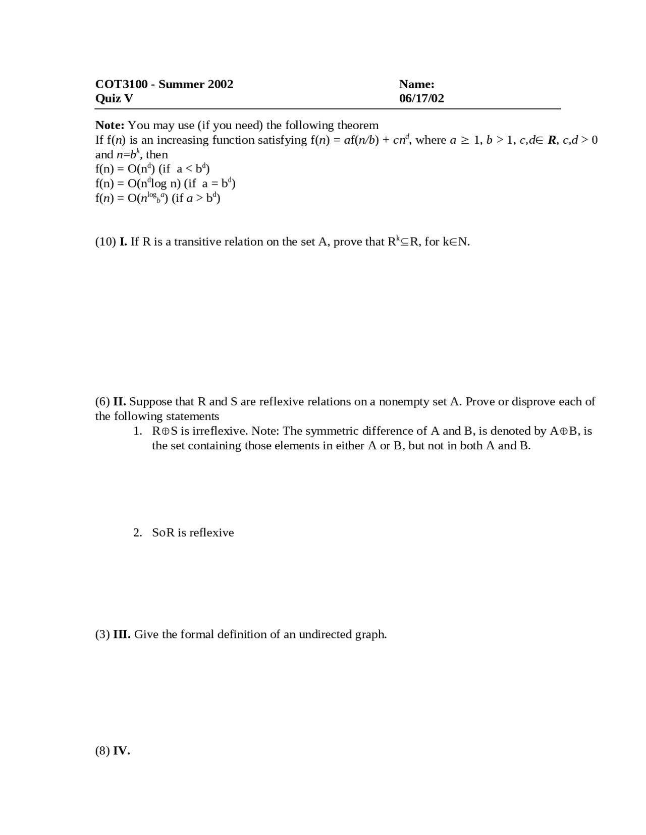 8 Questions Of Applied Discrete Structure Quiz 5 Cot 3100 Docsity