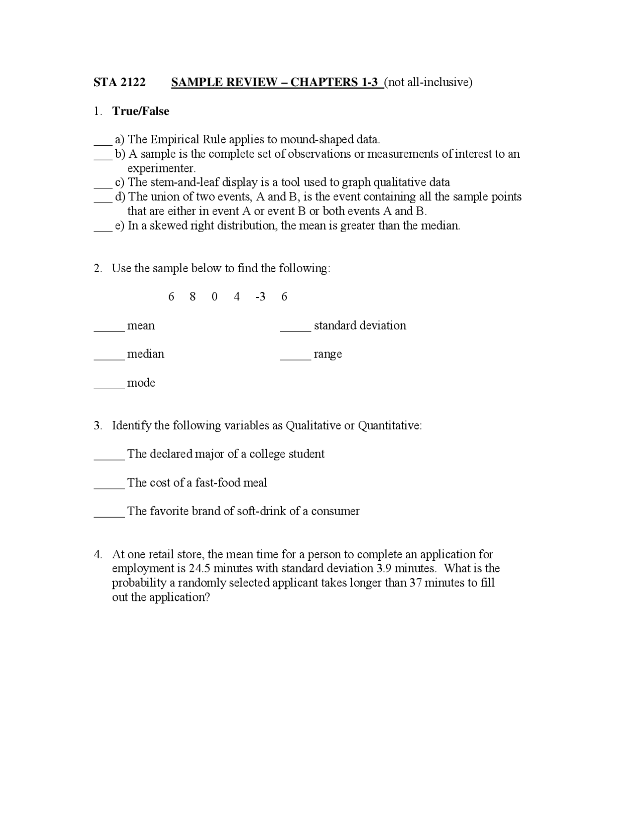 Review Sheet For Exam Introduction To Statistics I Sta 2122 Docsity