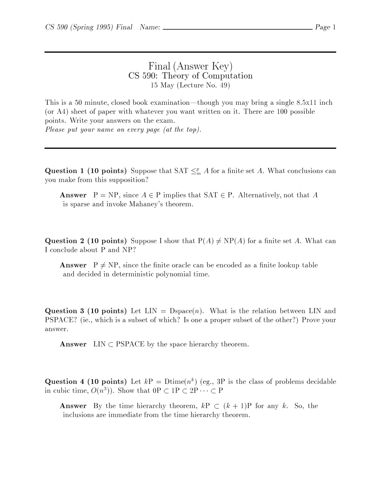 Theory of Computation - Final Exam Answer Key | CS 590 - Docsity