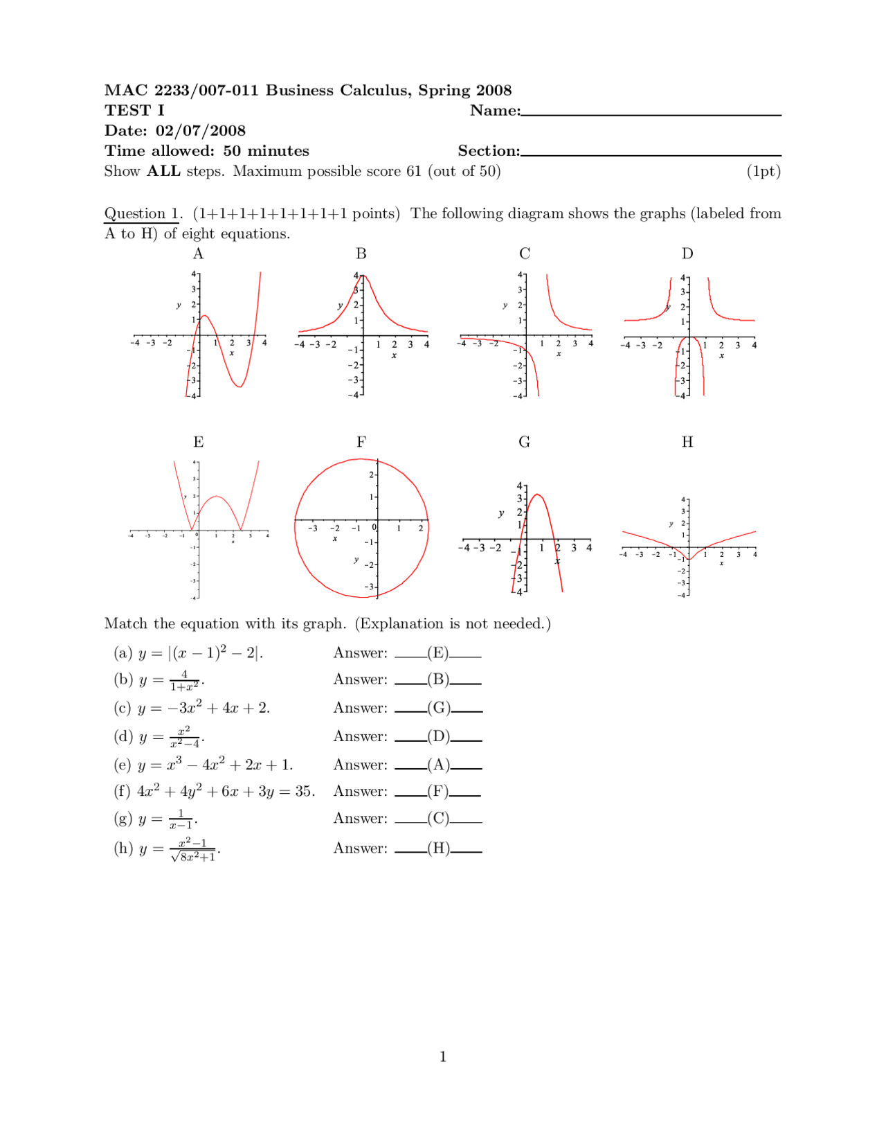 Test 1 Solutions For Business Calculus Mac 2233 Exams Calculus