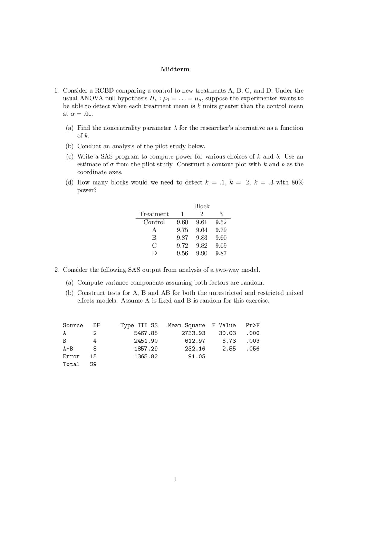 Practice Problems For Midterm Experimental Design Stat 706 Docsity