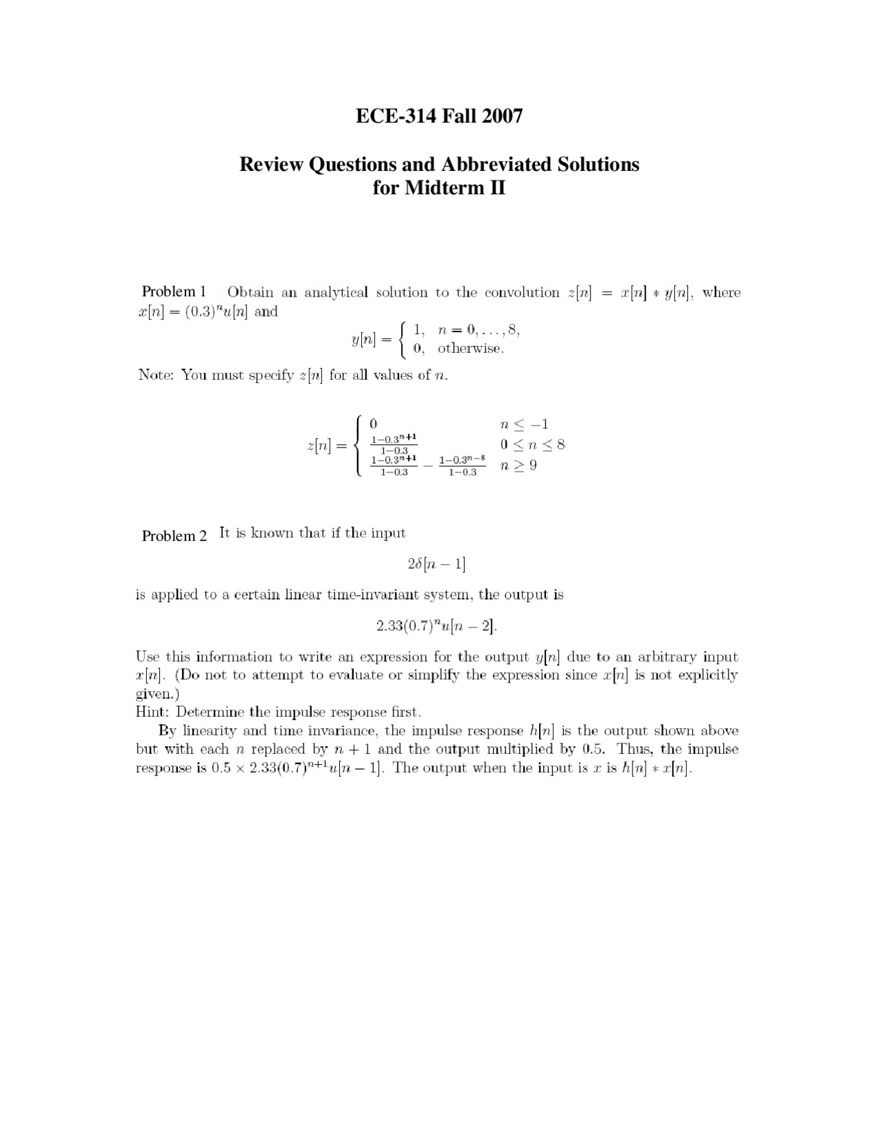 Review Problems For Midterm Exam 2 With Answers Signals And Systems
