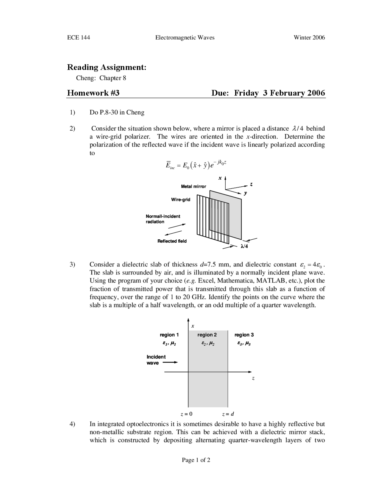 Homework 3 Electromagnetic Field And Waves 2006 Ece 144 Docsity