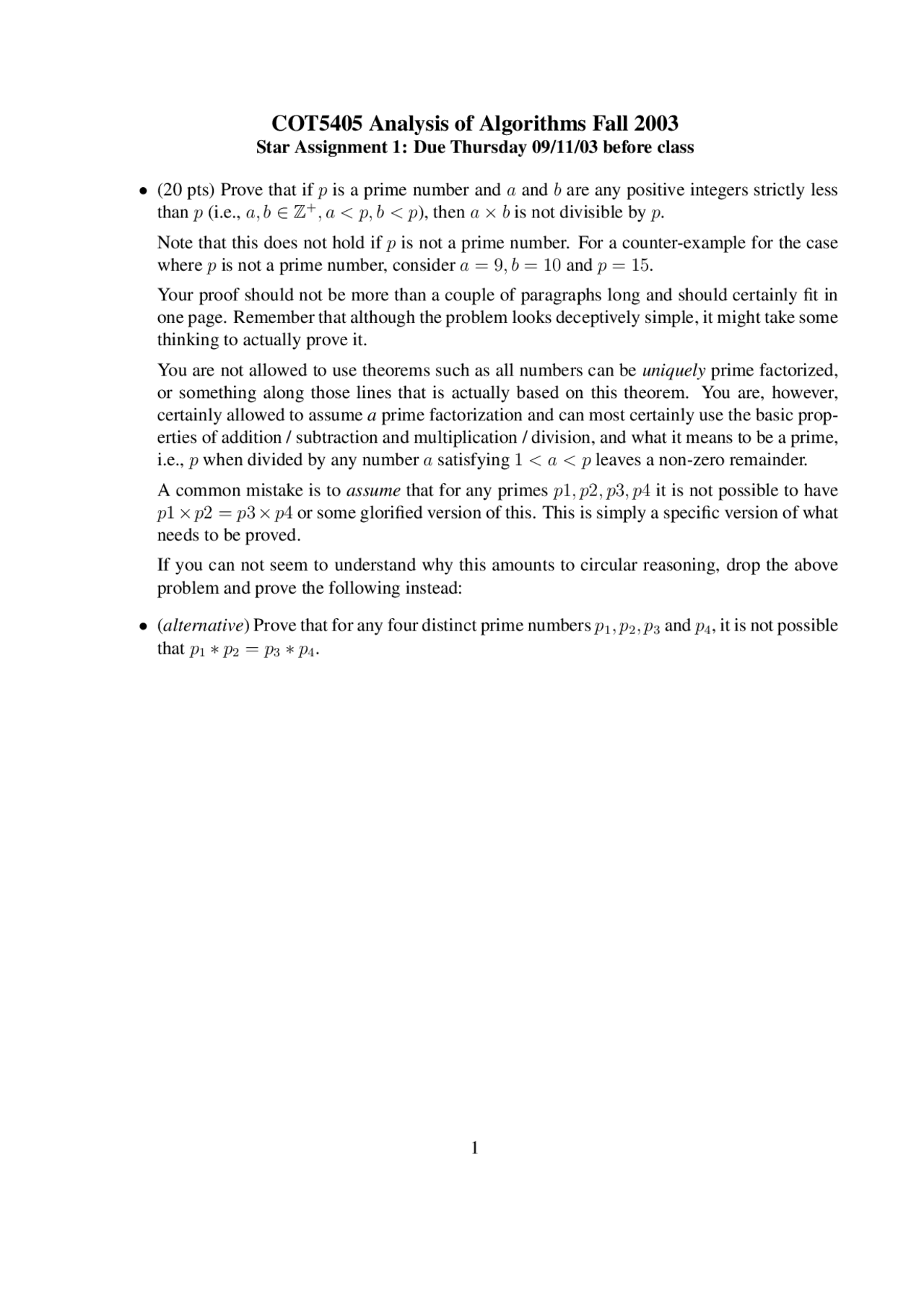 Prove The Four Distinct Prime Numbers Assignment 1 Cot 5405 Docsity