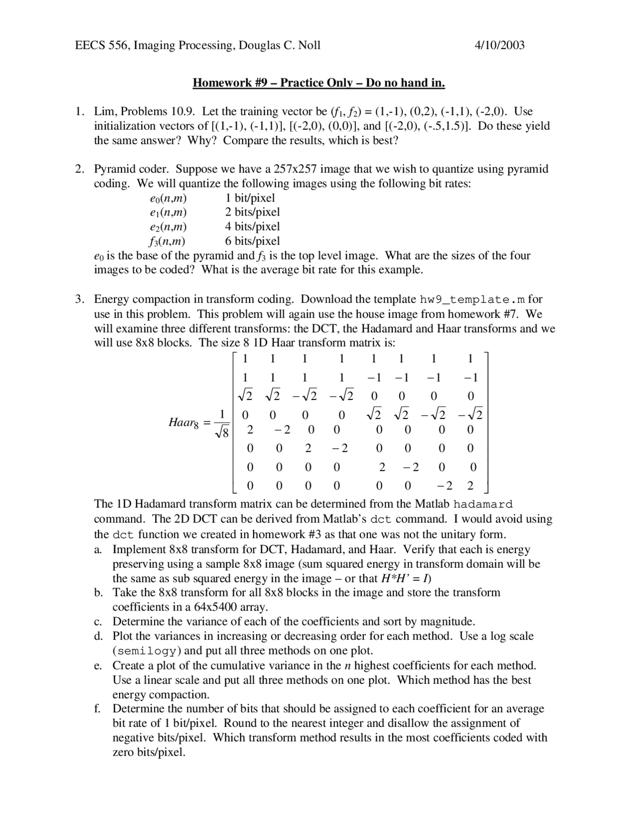 Practice Questions For Homework 9 Image Processing Eecs 556 Docsity