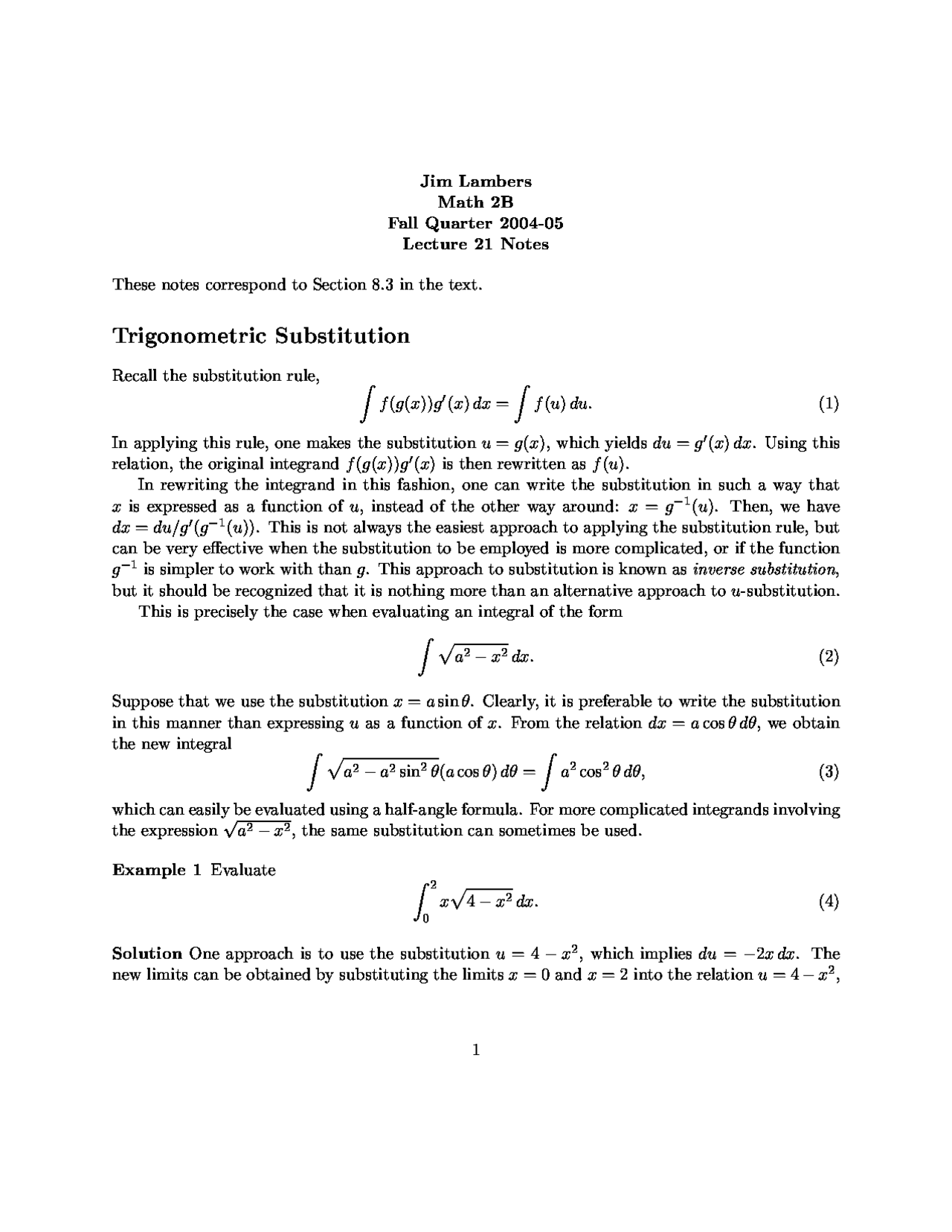 Lecture Notes on Trigonometric Substitutions | Math 2 | Study notes ...
